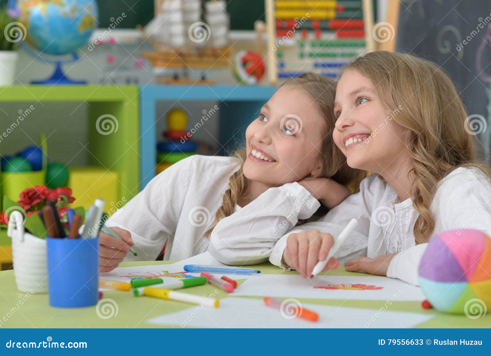 Girls on lesson of art stock image. Image of kids, cute - 79556633