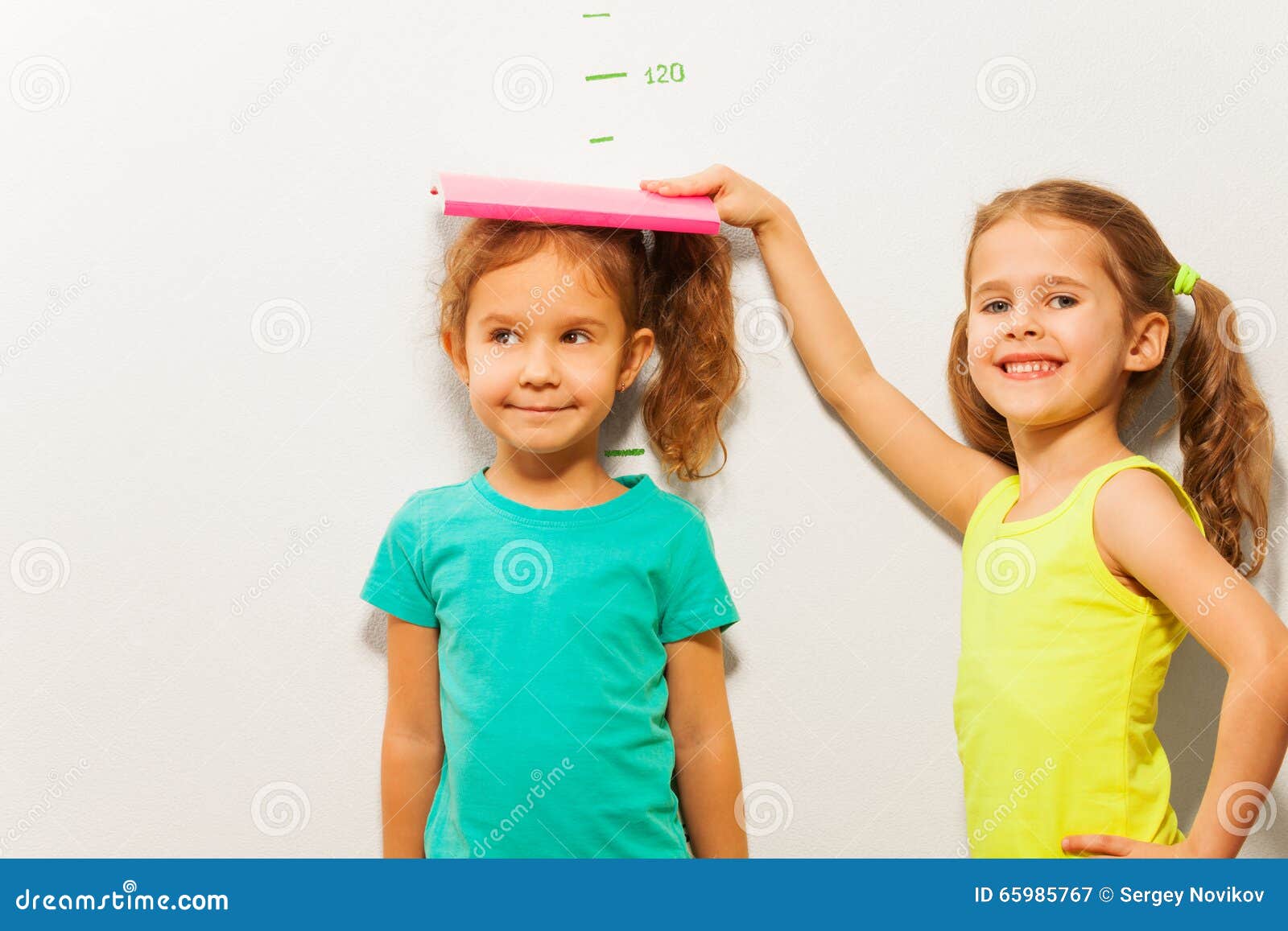 Girls Measure Height on Wall Scale Stock Image - Image of casual ...