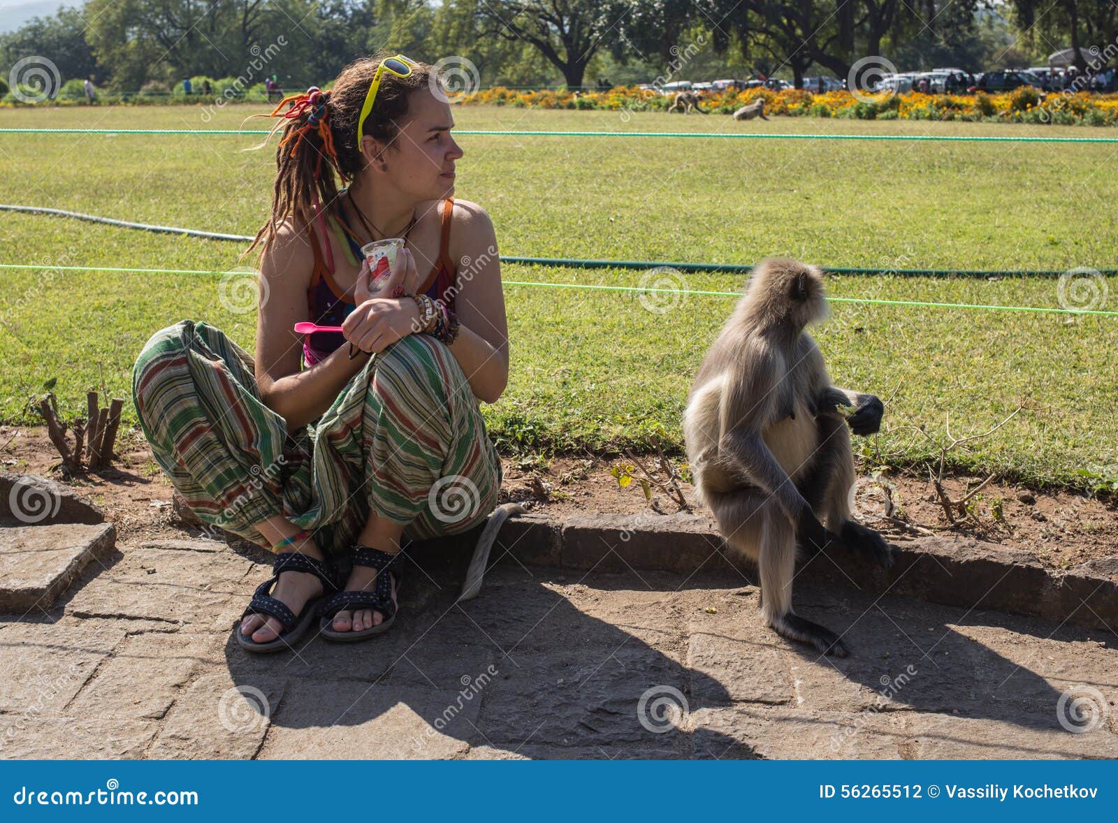 Girls with monkey stock photo. Image of affection, playing - 56265512