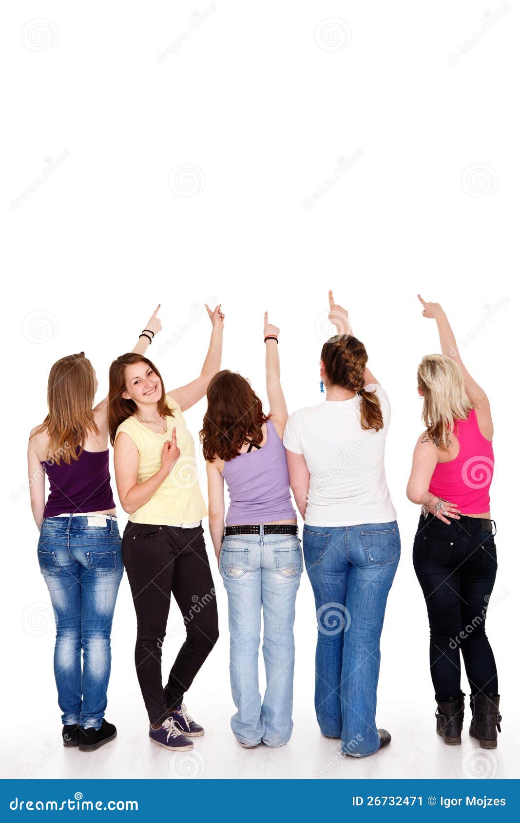 Girls Pointing in Copy Space Stock Image - Image of tshirts, beautiful ...