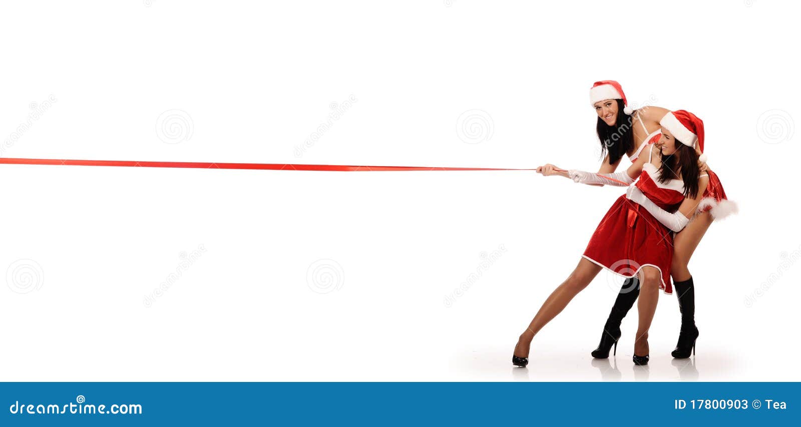 Girls pull red ribbon stock image. Image of clothing - 17800903