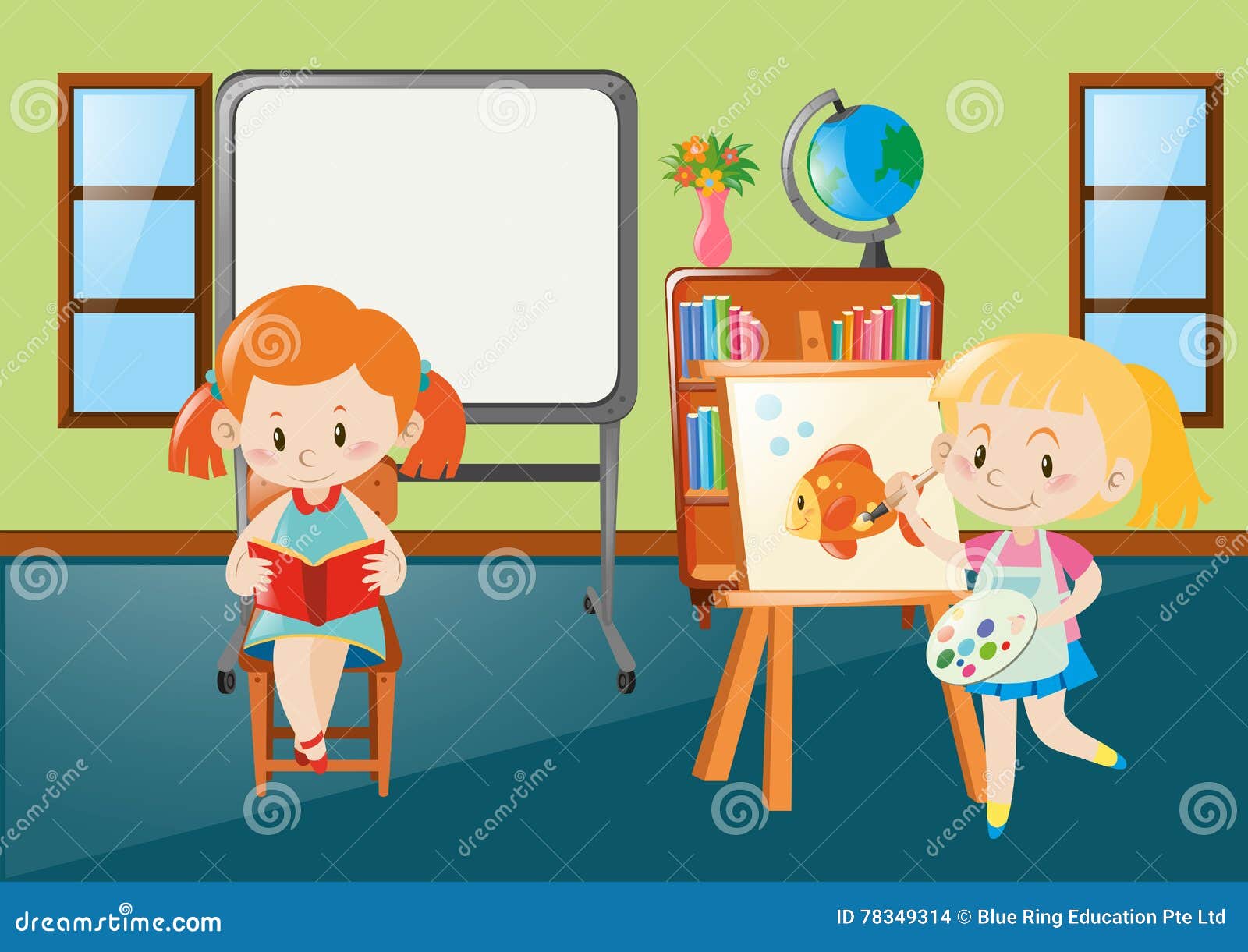 Girls Reading and Drawing in Classroom Stock Vector - Illustration of ...