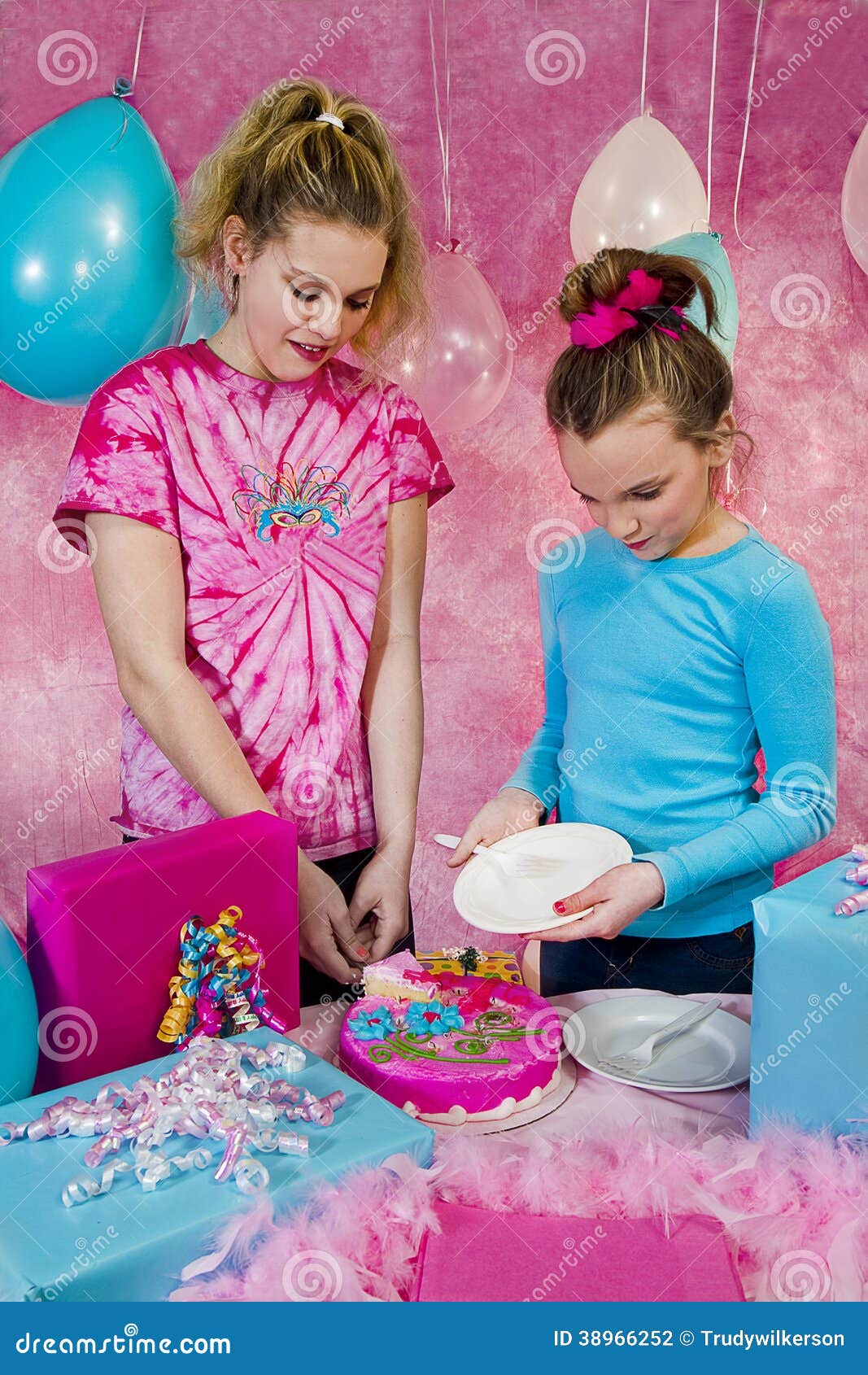 Girls Serving Cake at Birthday Party Stock Photo - Image of gifts ...