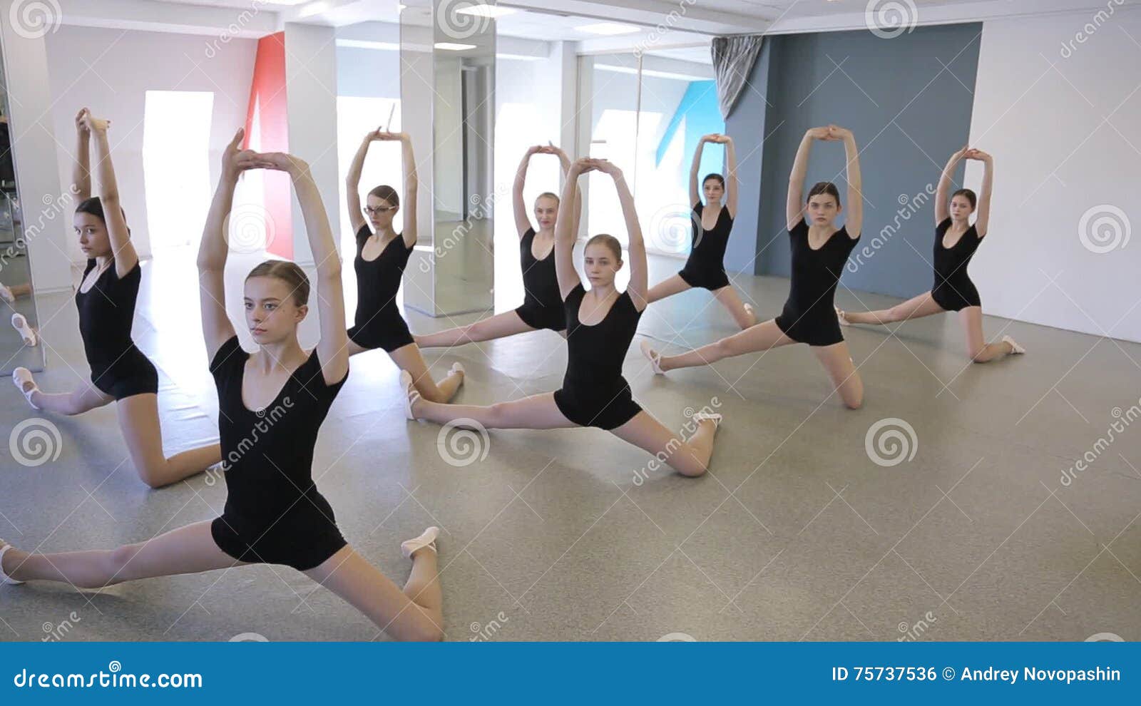 Girls Stand in Pose and Do Stretching Exercise in Dancing Class Stock ...