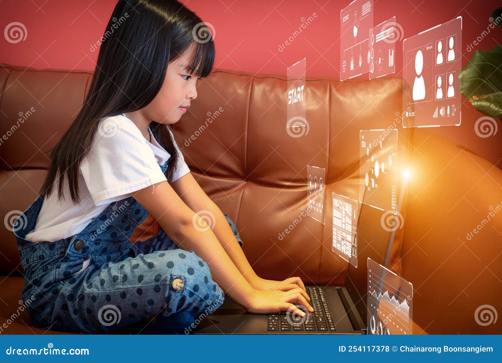 Girl Typing Keyboard with Futuristic Technology Concept Graphics Stock ...