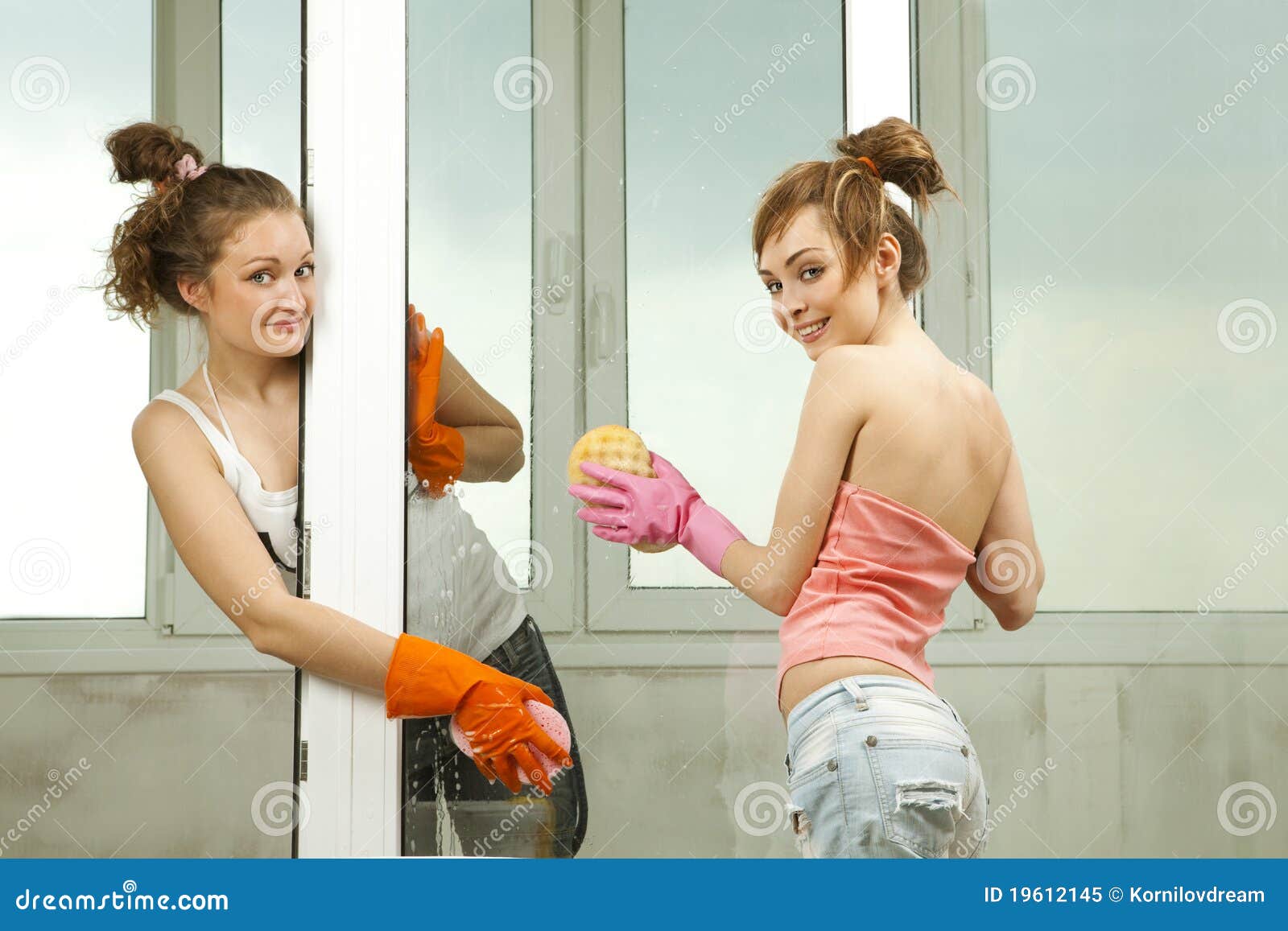 Girls washing the window stock image. Image of housework - 19612145