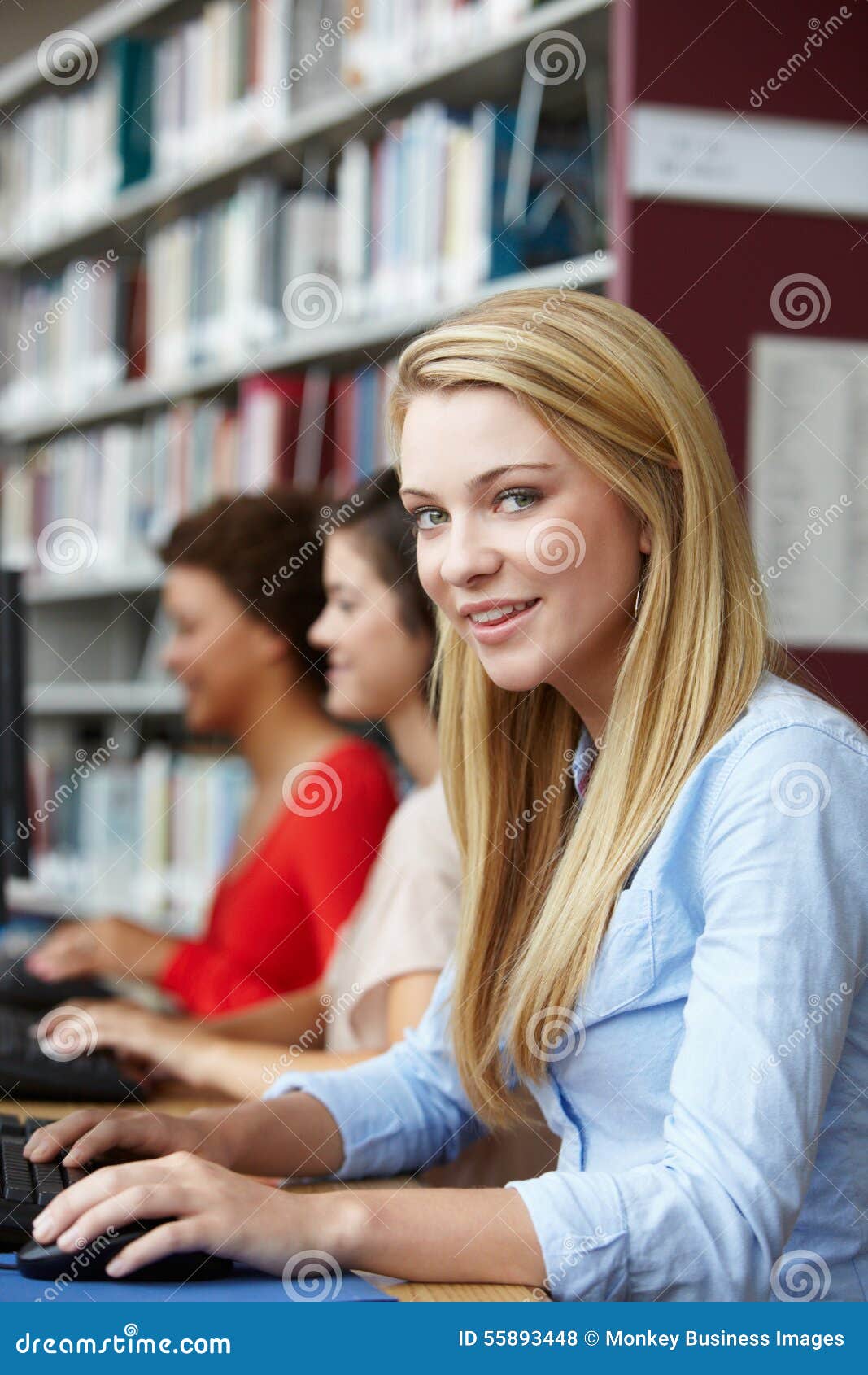 Girls Working on Computers in Library Stock Photo - Image of learn ...
