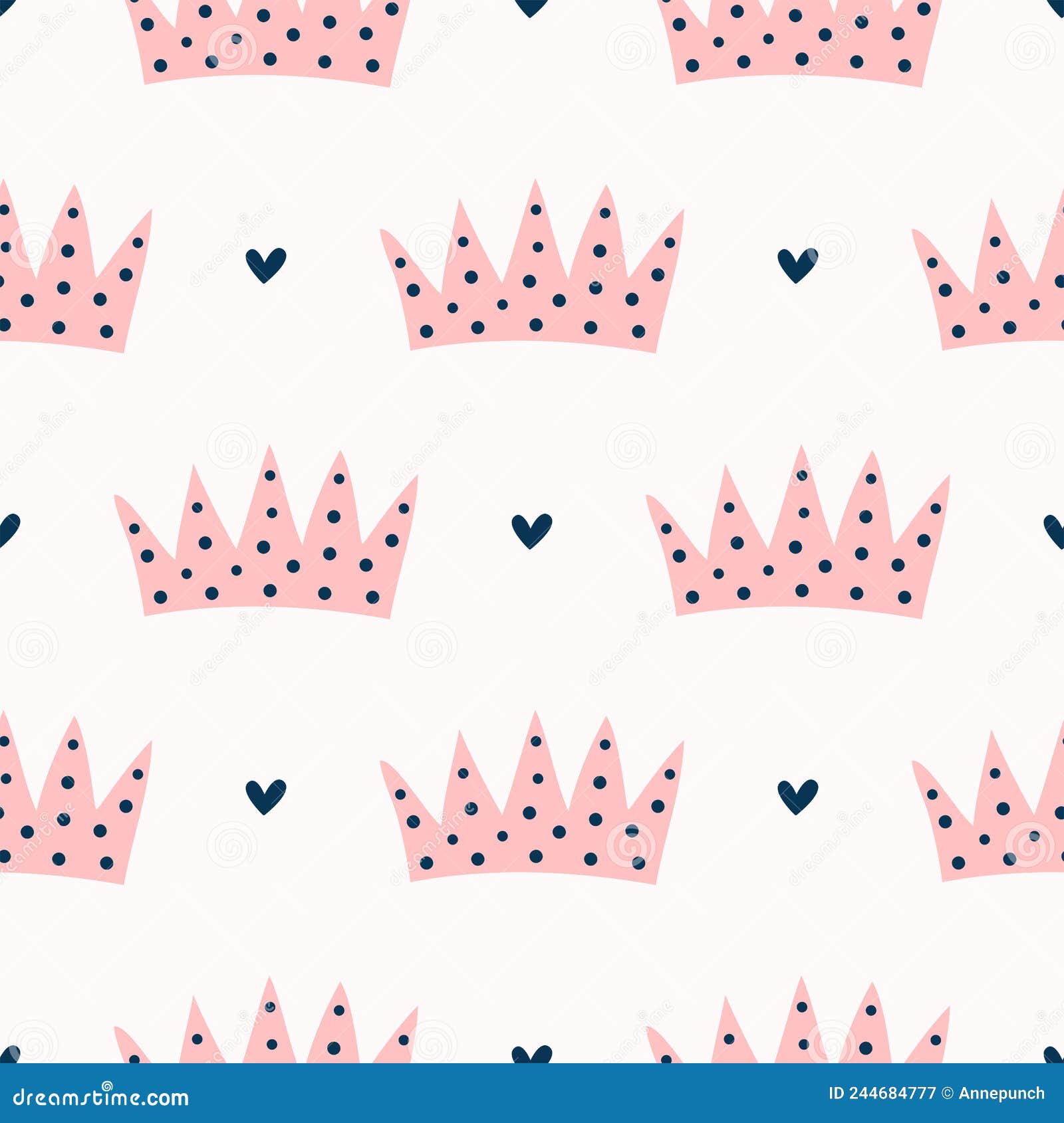 Girly Seamless Pattern with Repeating Crowns and Hearts. Drawn by Hand ...
