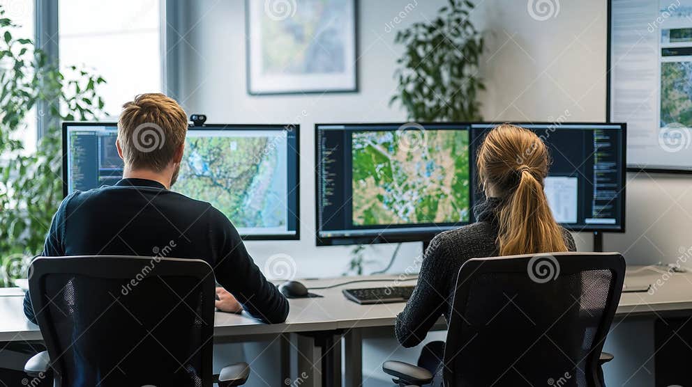 Gis Day Geospatial Analysis Team Examining Maps On Multiple Monitors In