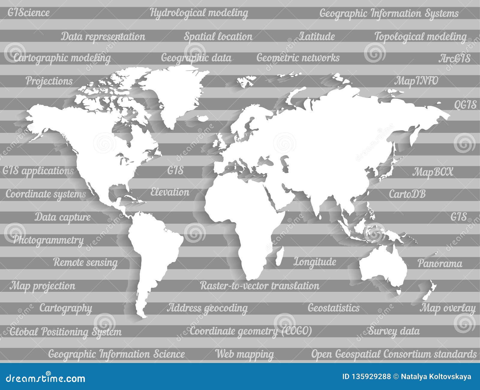 GIS Vector Banner with World Map and Lettering. Gray Background. Stock ...