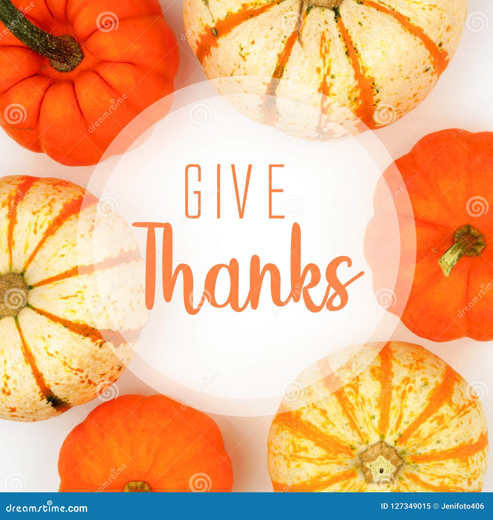 Give Thanks Greeting Card with Frame of Pumpkins Over White Stock Image ...