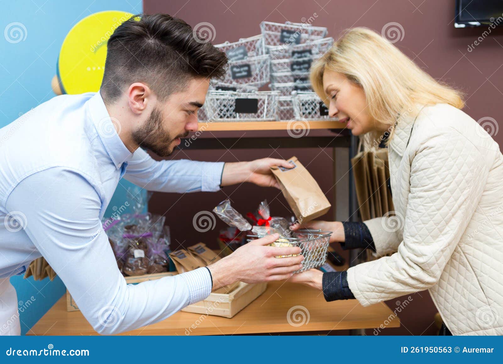 Giving Extra Free Chocolate Sample To Client Stock Image - Image of ...
