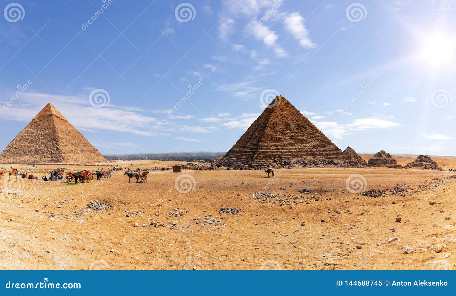 Giza Pyramids and the Camp of Bedouins and Camels, Egypt Stock Image ...