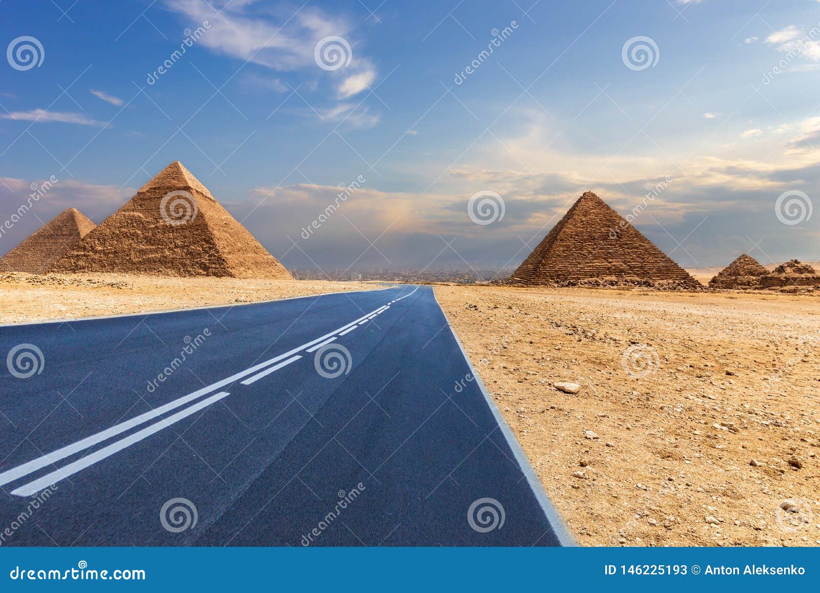 Giza Pyramids and a Road in the Desert, Egypt, No People Stock Image ...