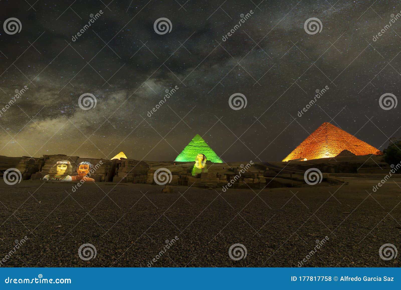 Giza Pyramids and Sphinx Light Up at Night Stock Photo - Image of cairo ...