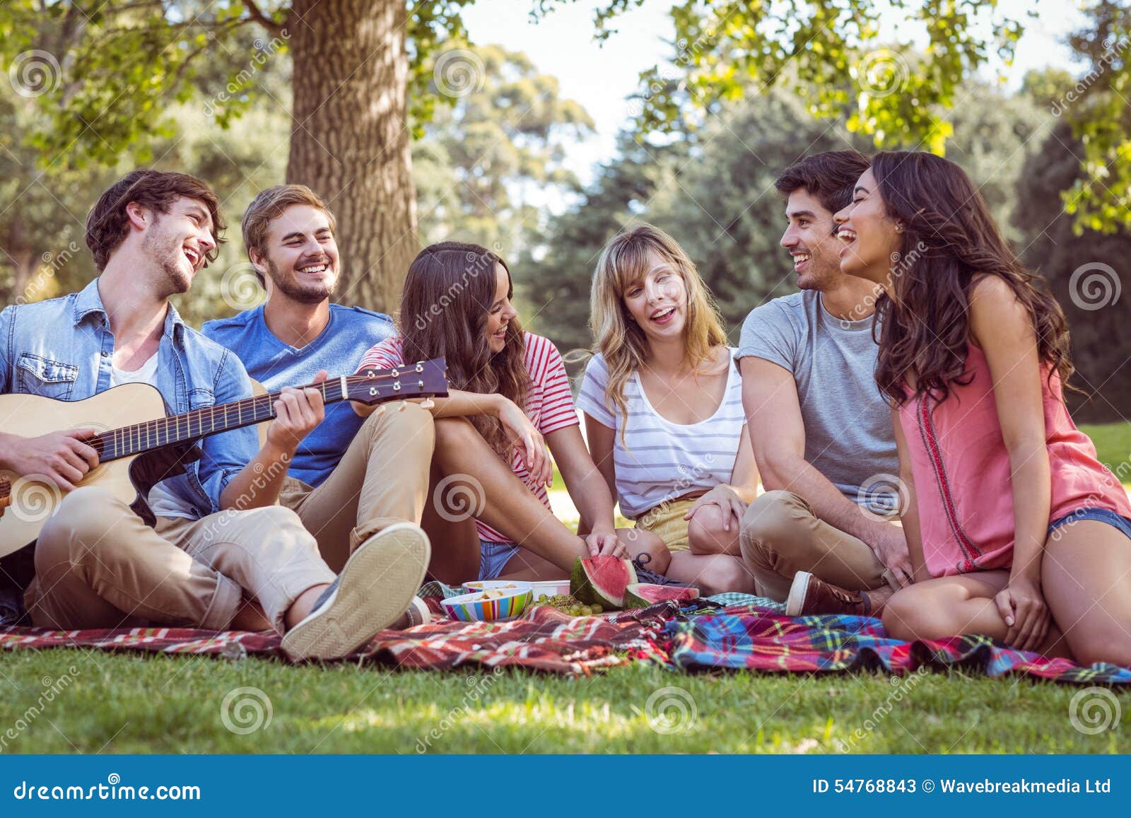 Glückliche Freunde in Einem Park, Der Ein Picknick Hat Stockbild - Bild ...