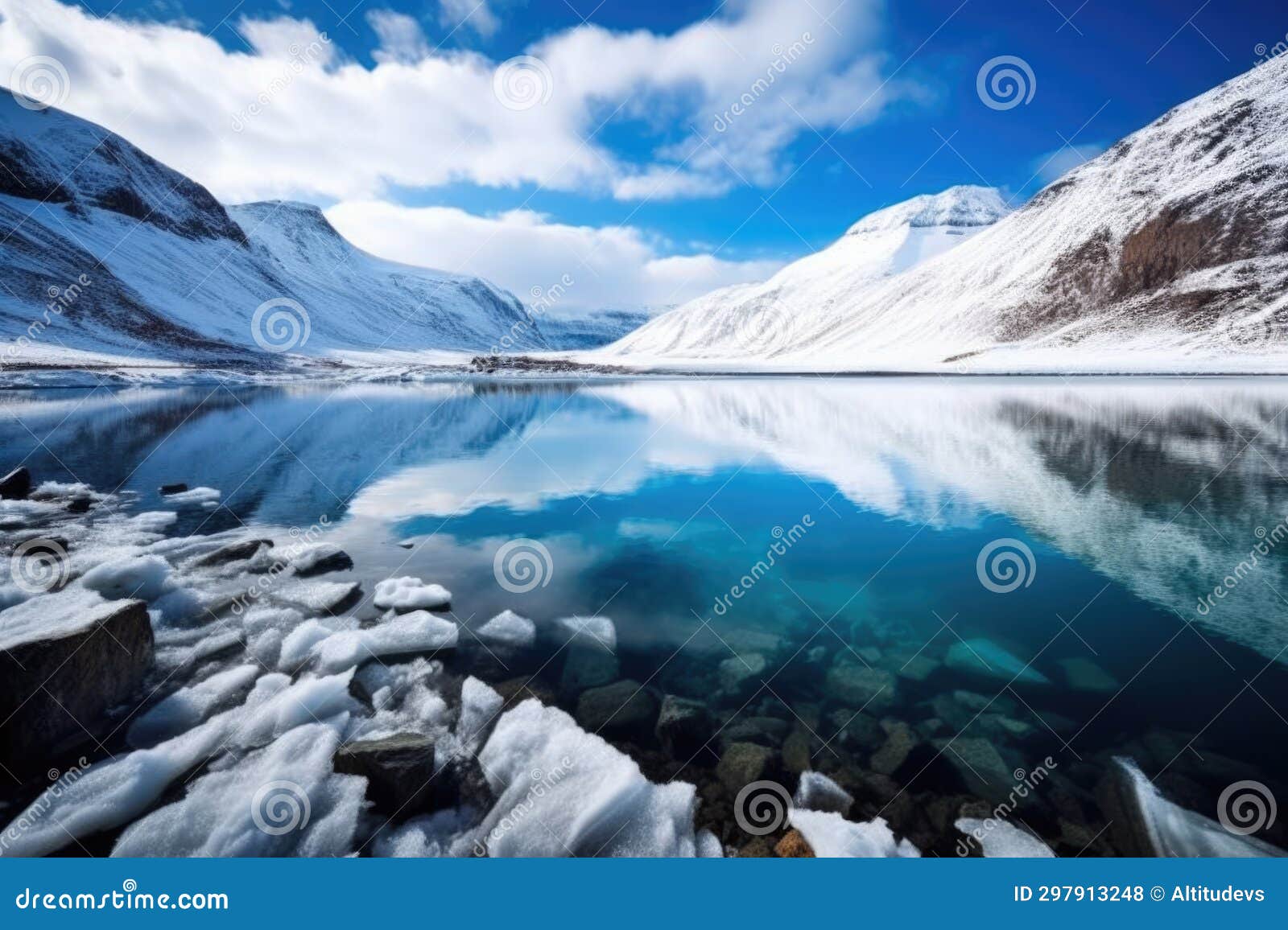 Glacial Lake with Thick Ice and Snow on the Shore Stock Photo - Image ...