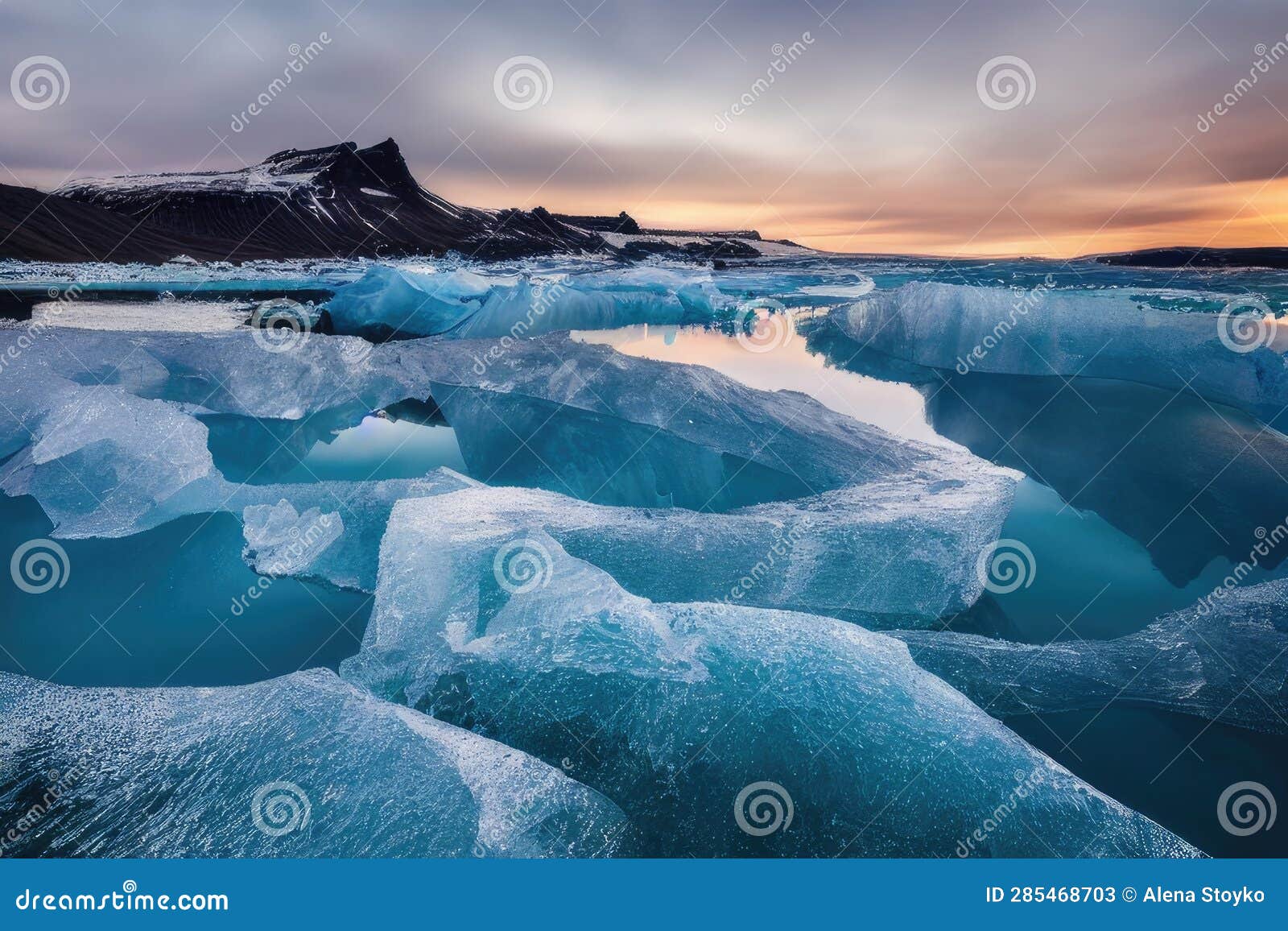 Glacial Landscape. Large Chunks of Blue Ice in the Ocean Stock ...