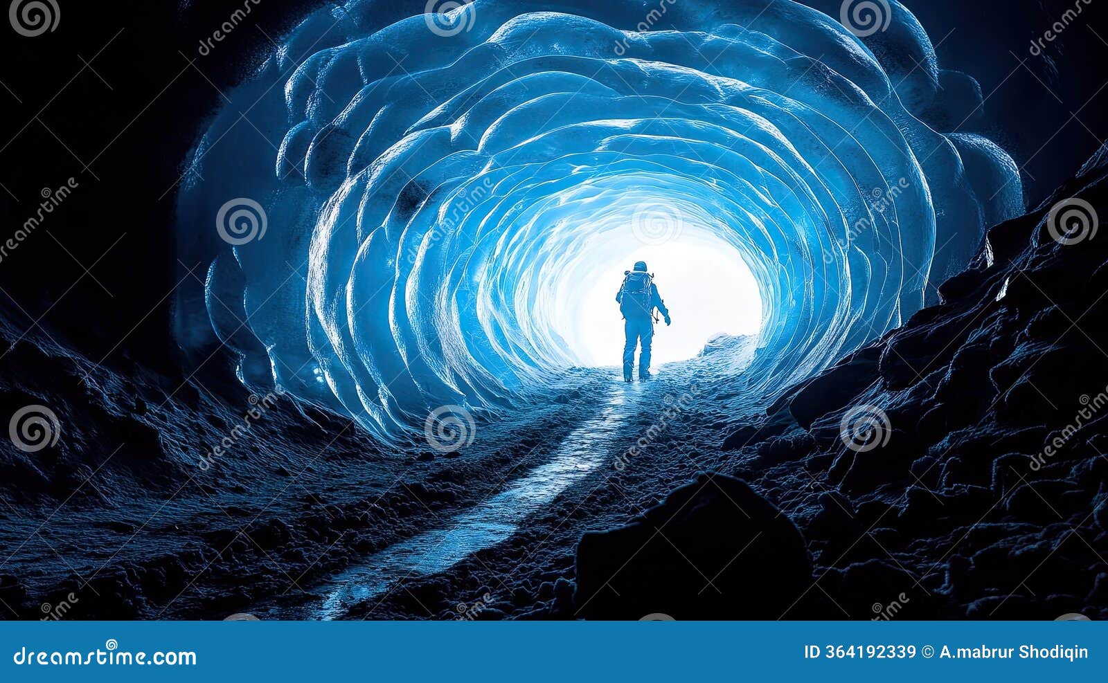 Cave Explorer With Headlamp Examining Rocks Deep Underground In Dark ...