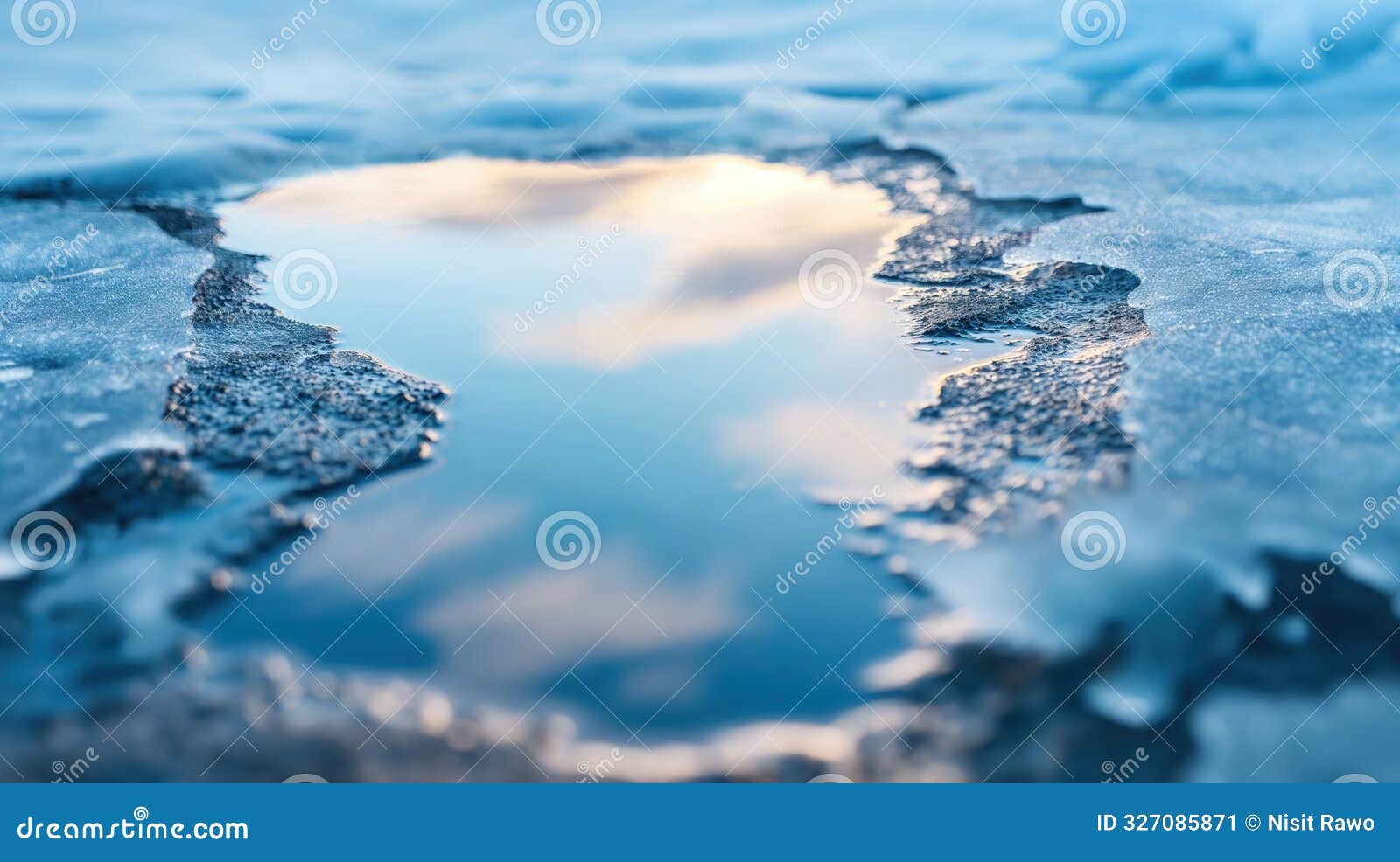Glacier Melting into a Puddle with a Reflection of the Earth, Global ...