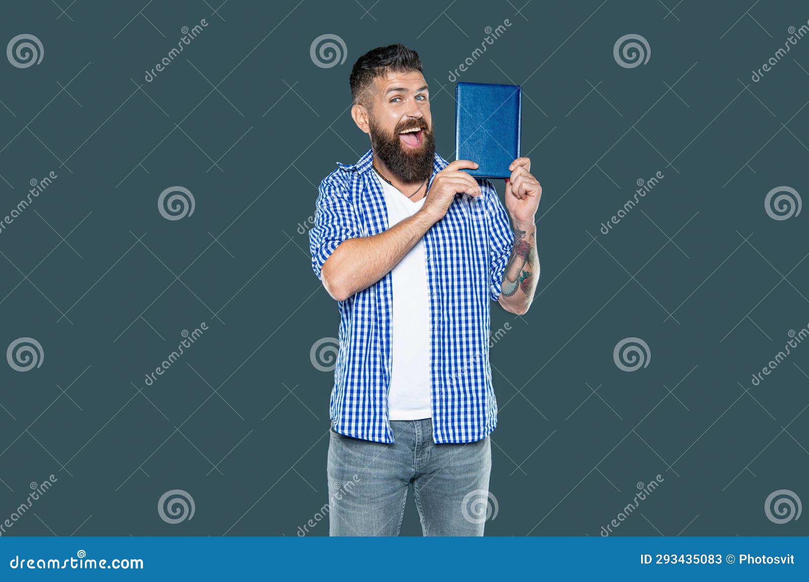 Glad Bearded Man Recommend Book on Grey Background Stock Image - Image ...