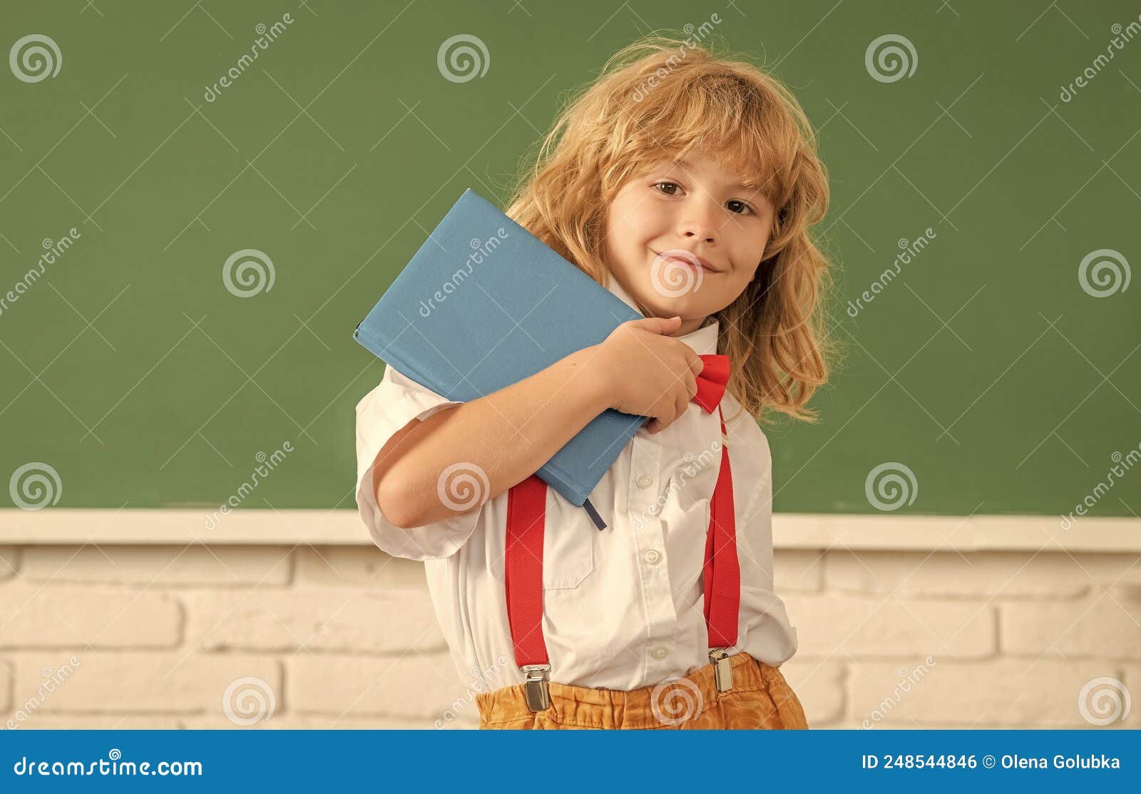 Glad Child Boy in Bow Tie Study in School Classrrom with Notebook ...