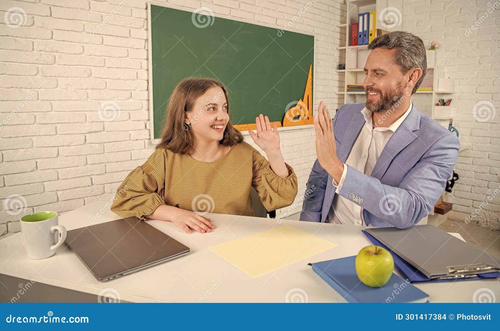 Glad Child Study in Classroom with Tutor Stock Photo - Image of college ...
