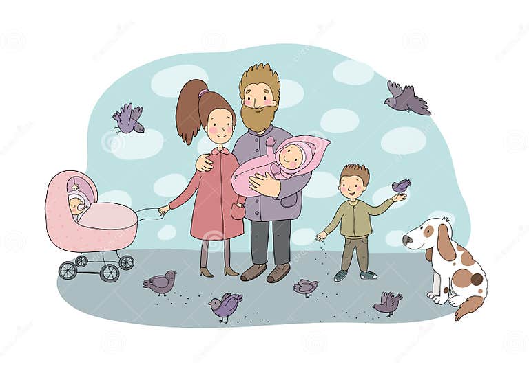 Glad Familj Med Nyfödda Mamma Pappa Och Barn På En Promenad Mjuka