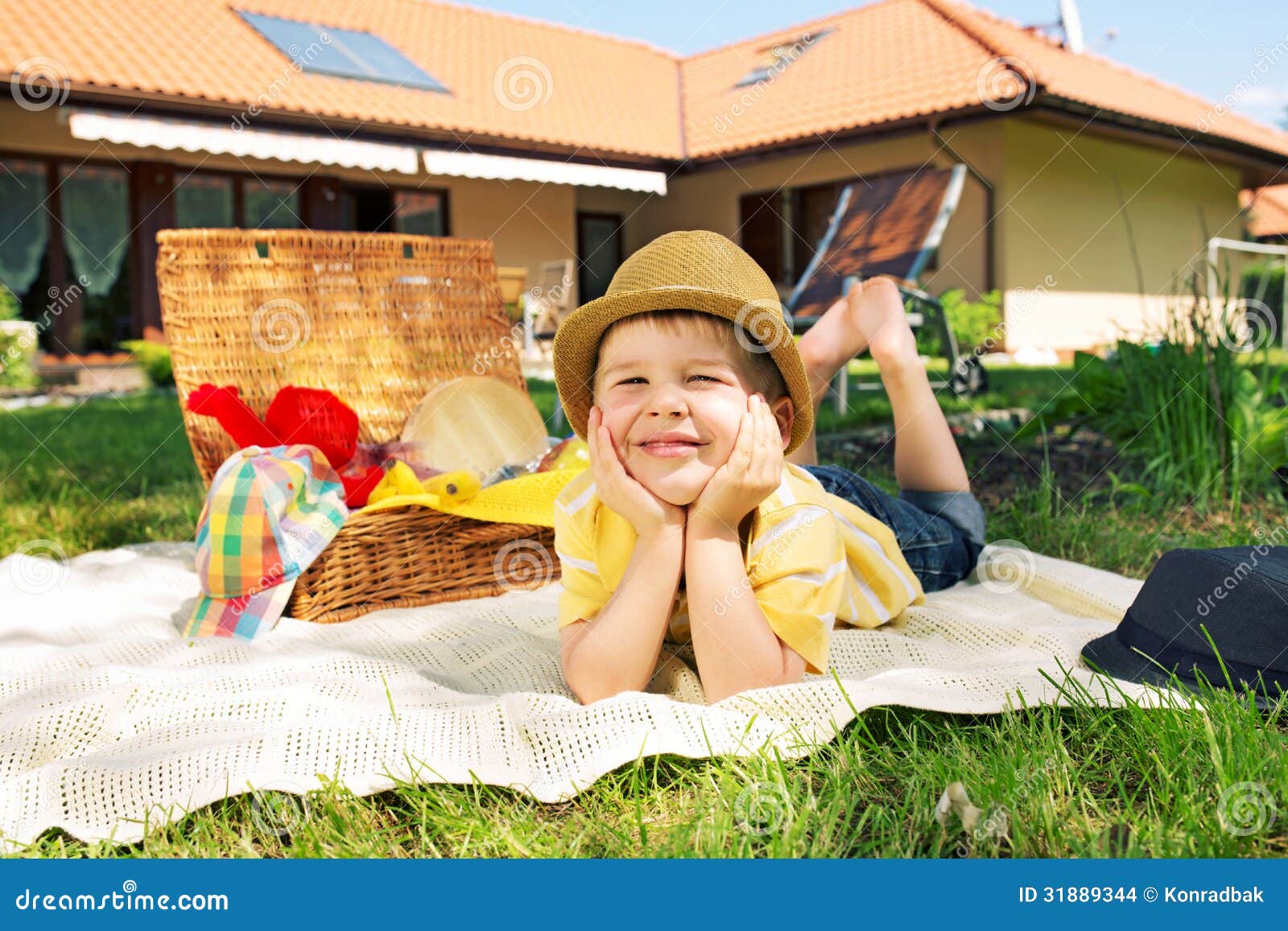 Glad Little Boy in the Garden Stock Photo - Image of flowers, garden ...