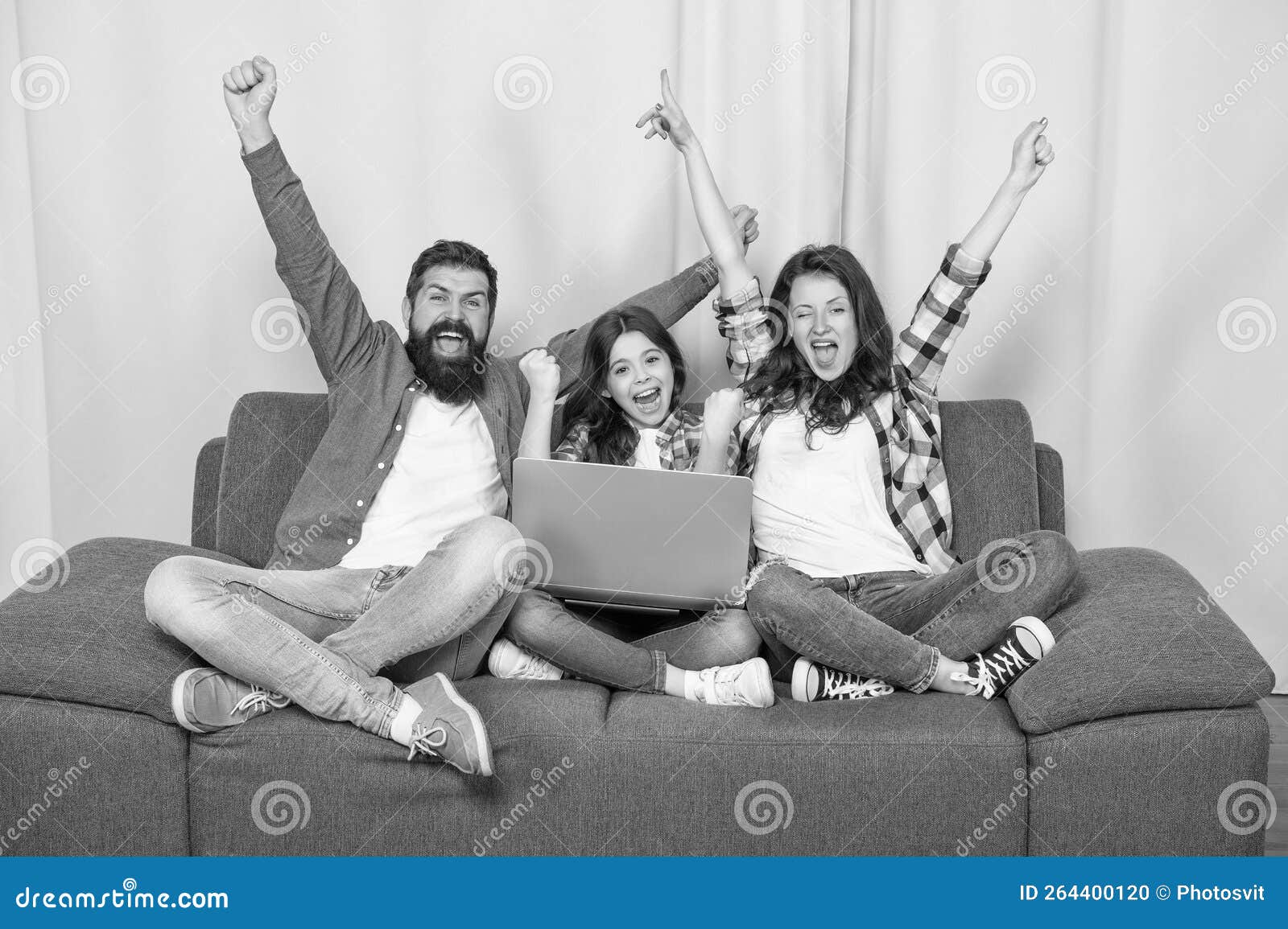 Glad Mother Father and Daughter Use Computer, Shopping Stock Photo ...