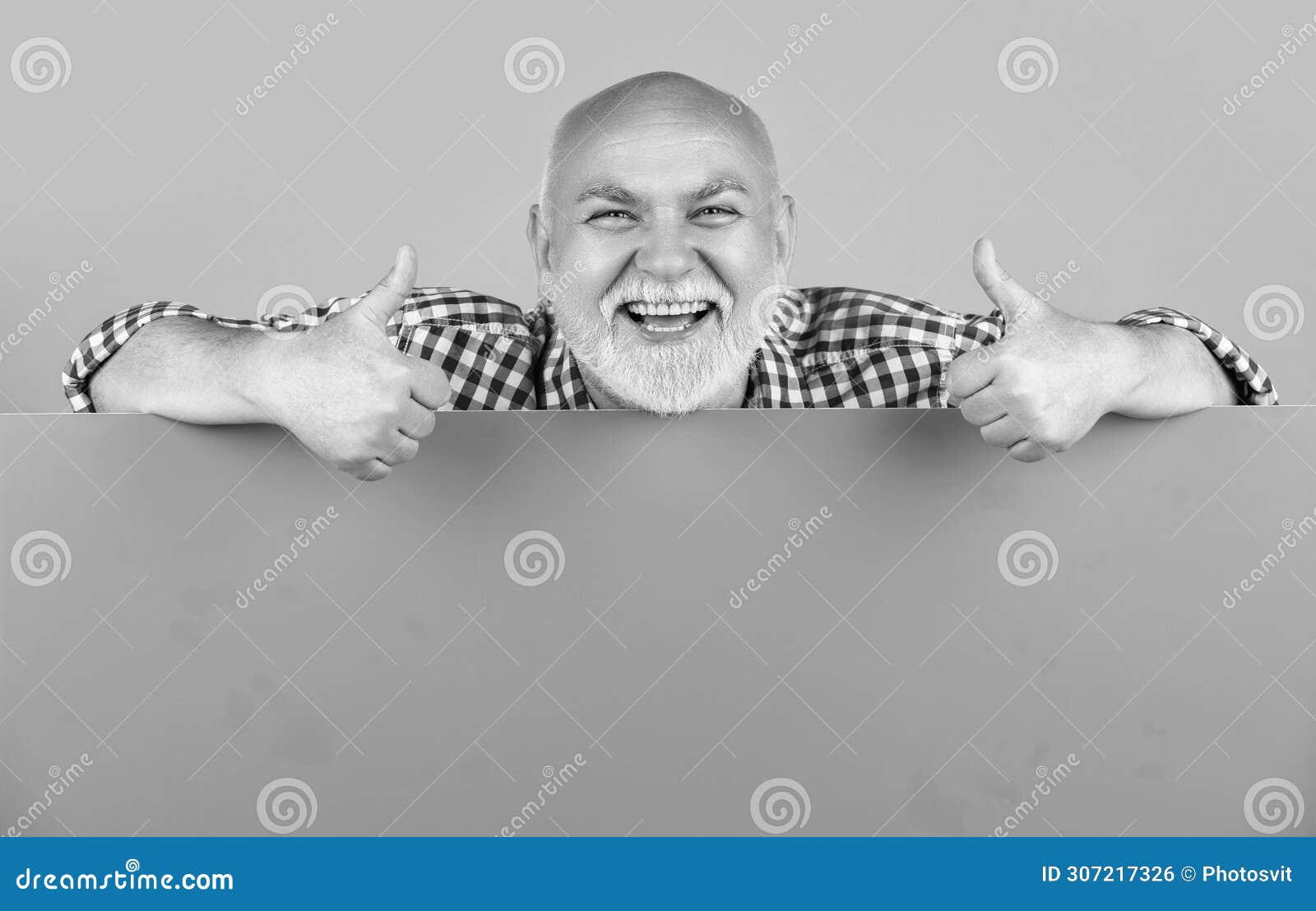 Glad Senior Man with Copy Space on Blank Banner. Thumb Up Stock Photo ...