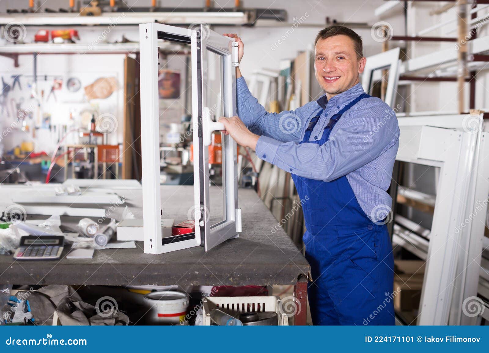 Glad Workers with Different PVC Windows Stock Image - Image of uniform ...