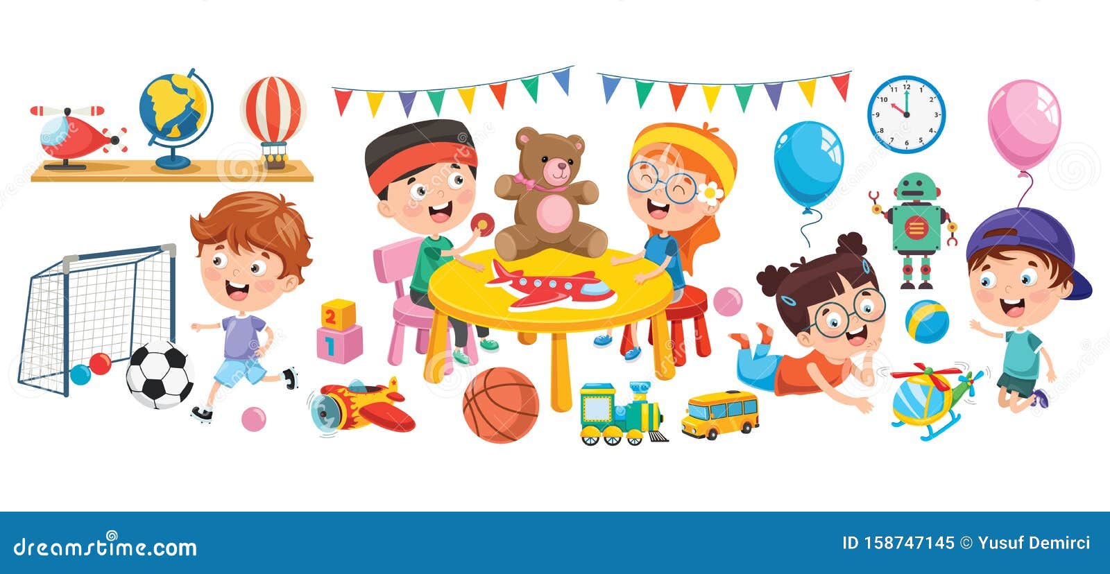 Glade barn med leksaker vektor illustrationer. Illustration av vänner ...