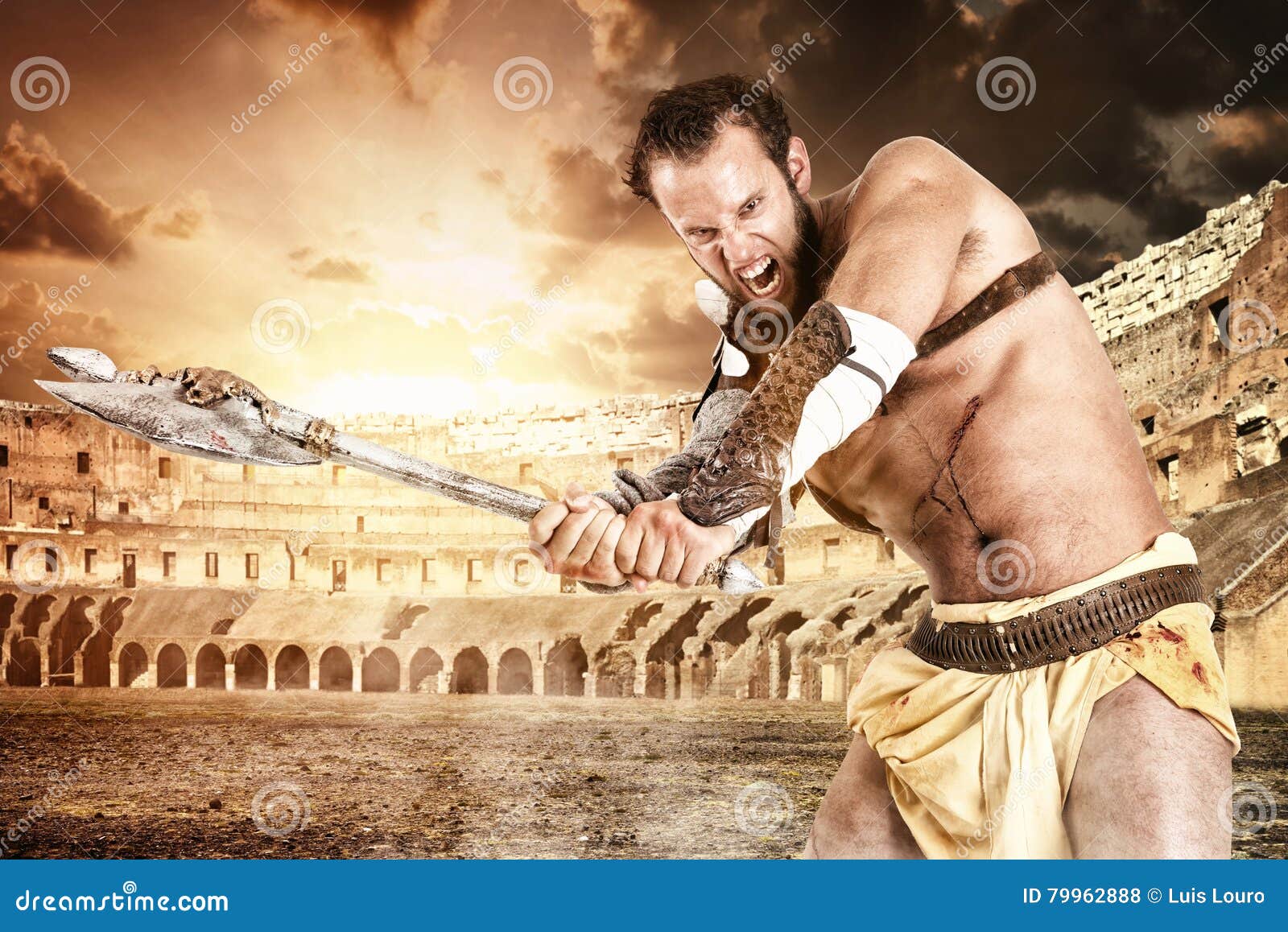 Gladiator in the arena stock photo. Image of muscle, dark - 79962888