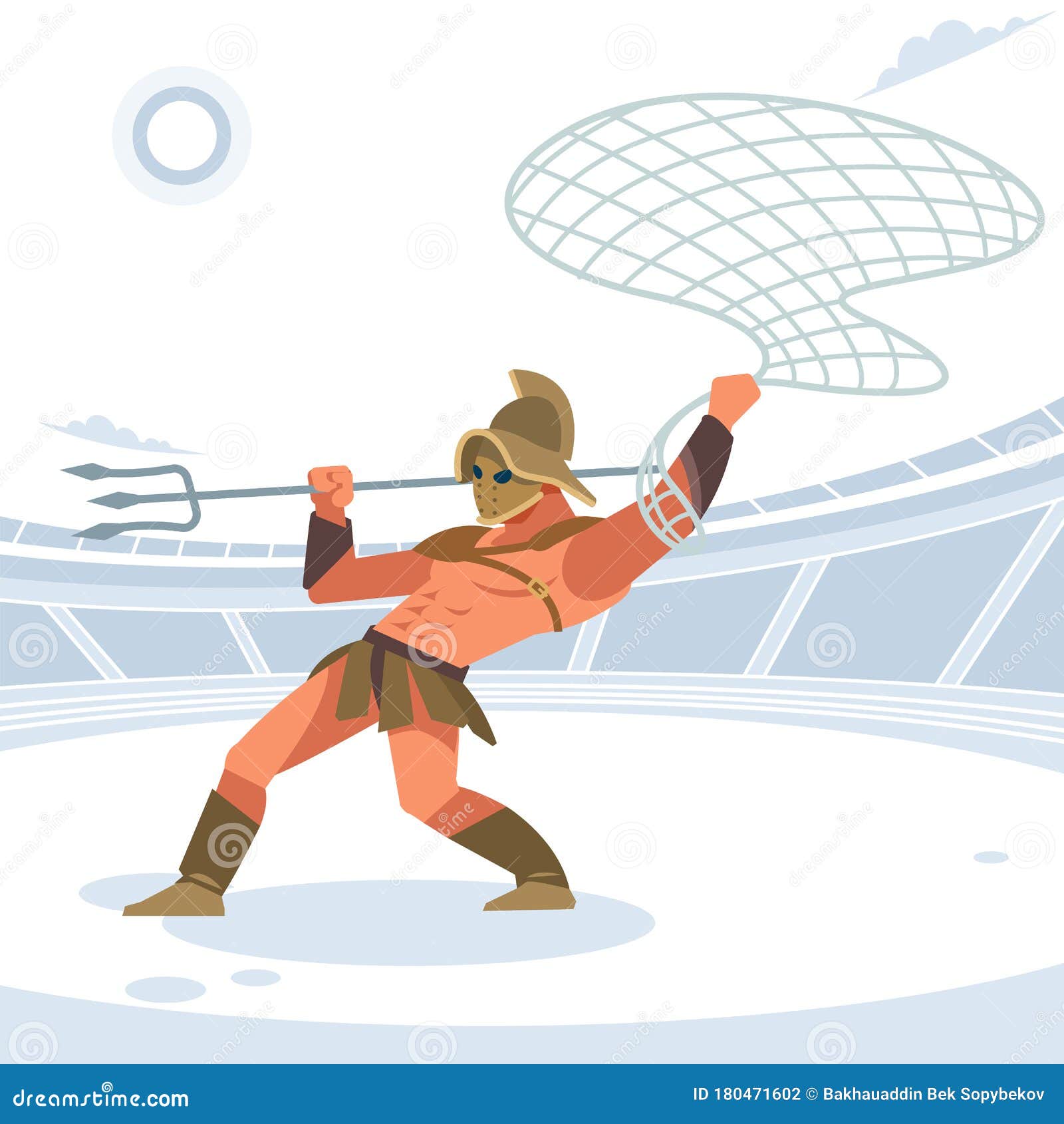 Gladiator in the Arena with a Grid and a Trident Attacks. Vector ...