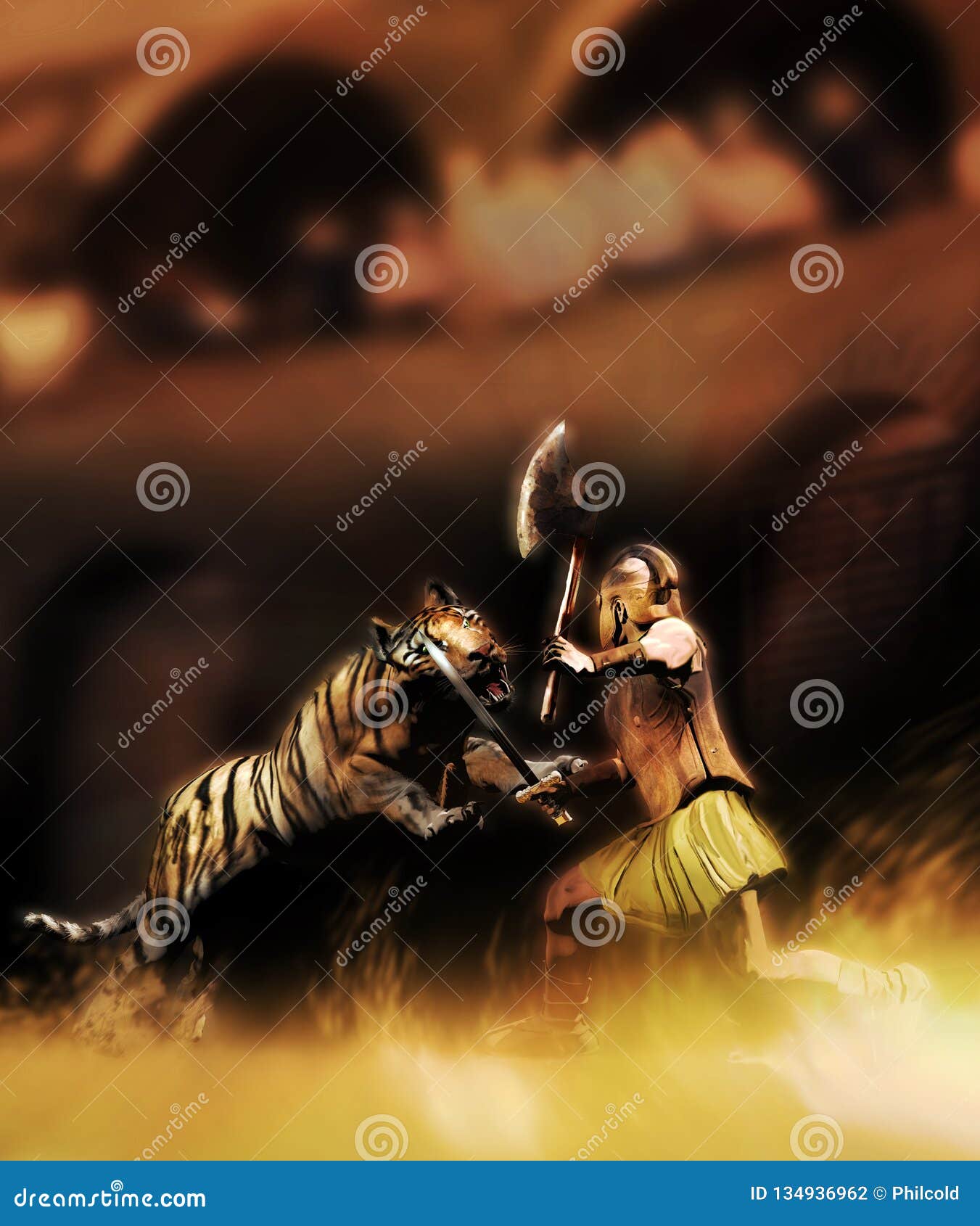 Gladiator and Tiger Fighting Stock Illustration - Illustration of ...