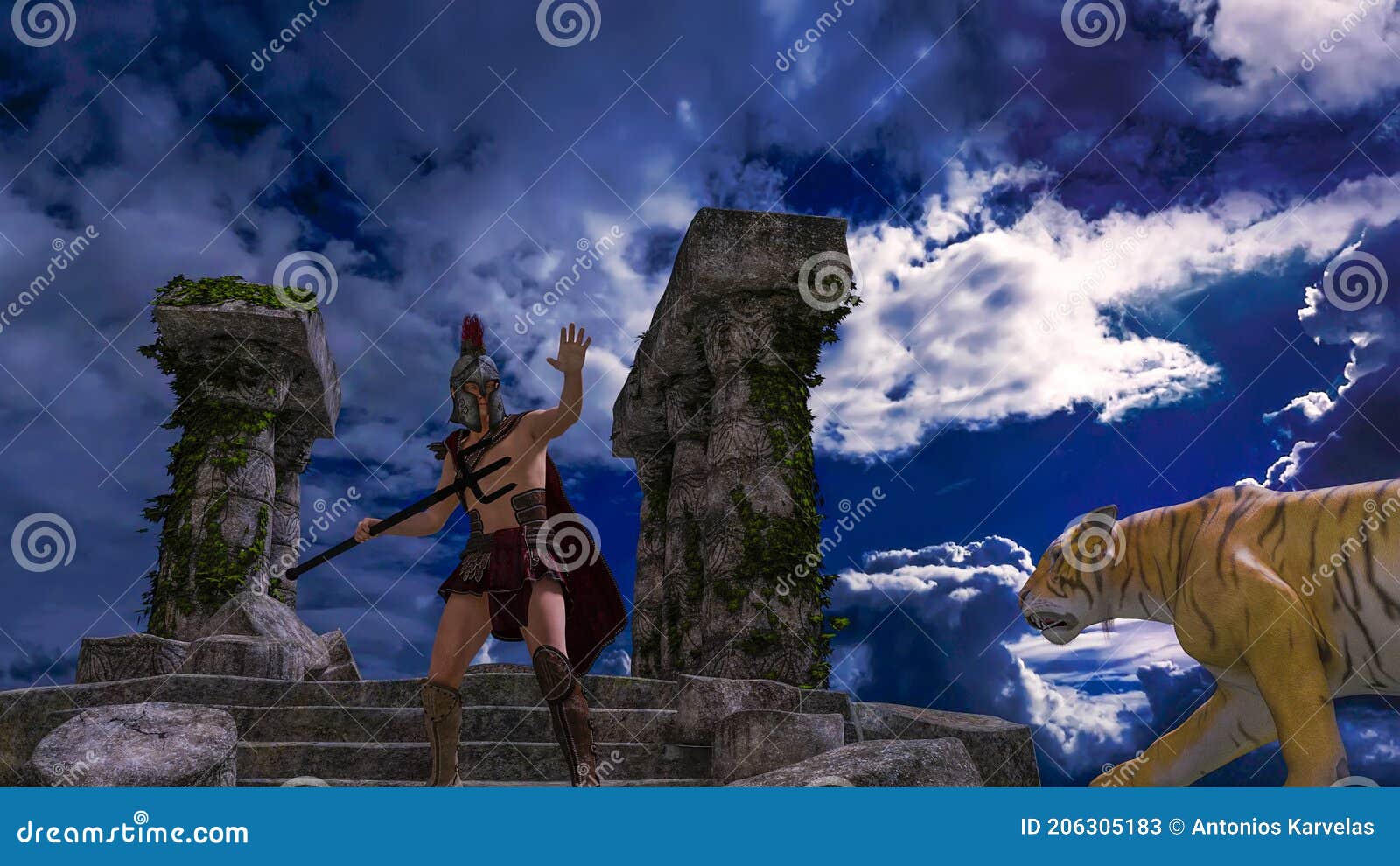 Gladiator Warrior Fighter in Armor Fighting a Tiger. Ancient Greece or ...