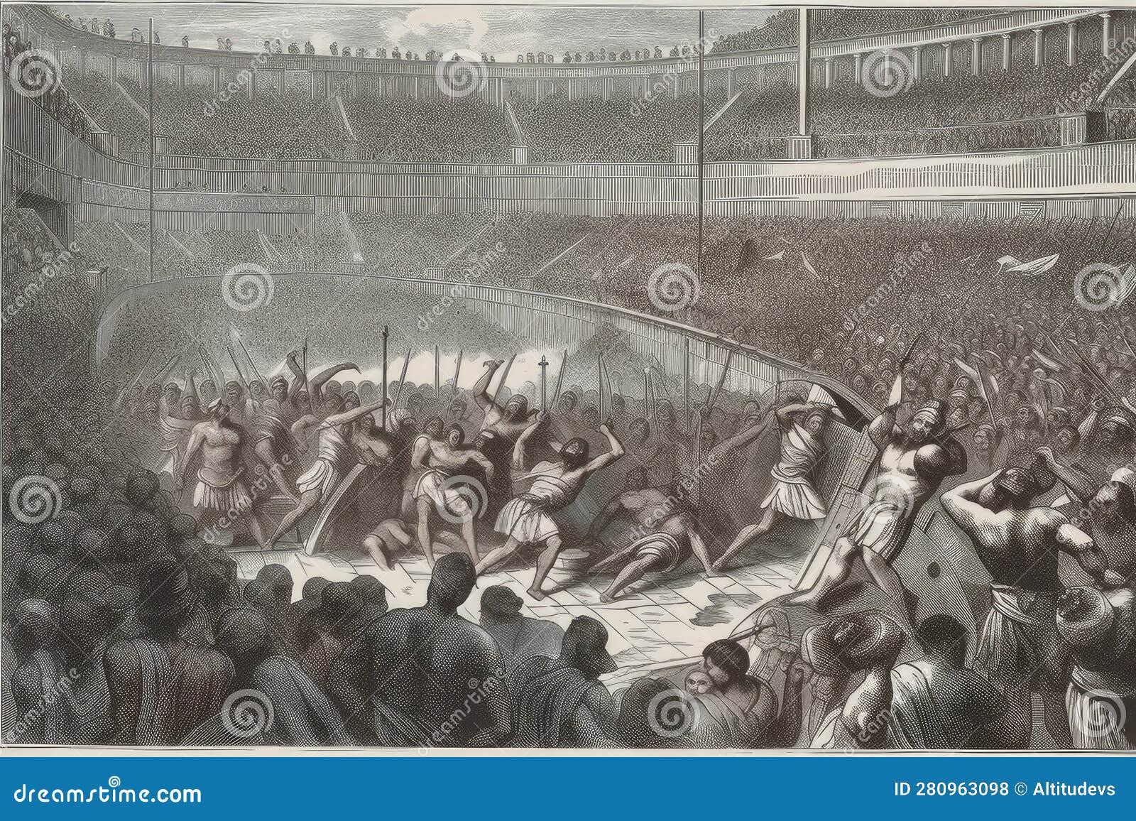 Gladiators Competing in Death Match, Surrounded by Cheering Crowd of ...