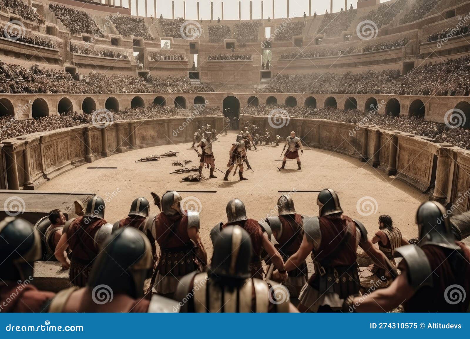 Gladiators Fighting in Ancient Coliseum Surrounded by Cheering Crowd ...