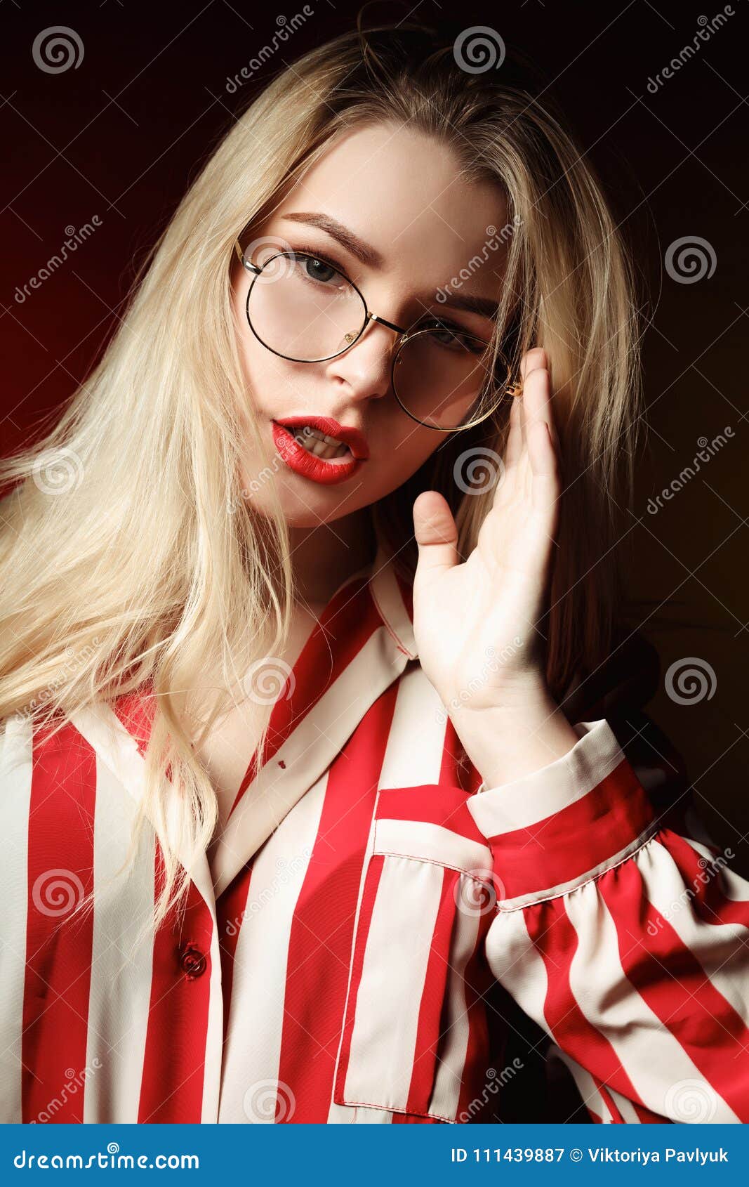 Glamor Blonde Woman With Red Lips Wearing Glasses Posing With C Stock