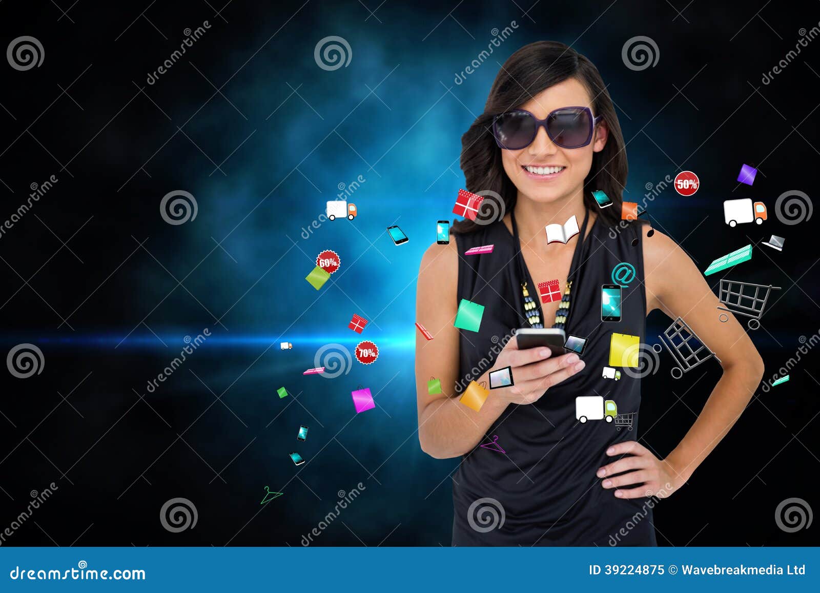 Glamorous Brunette Using Smartphone with App Icons Stock Image - Image ...