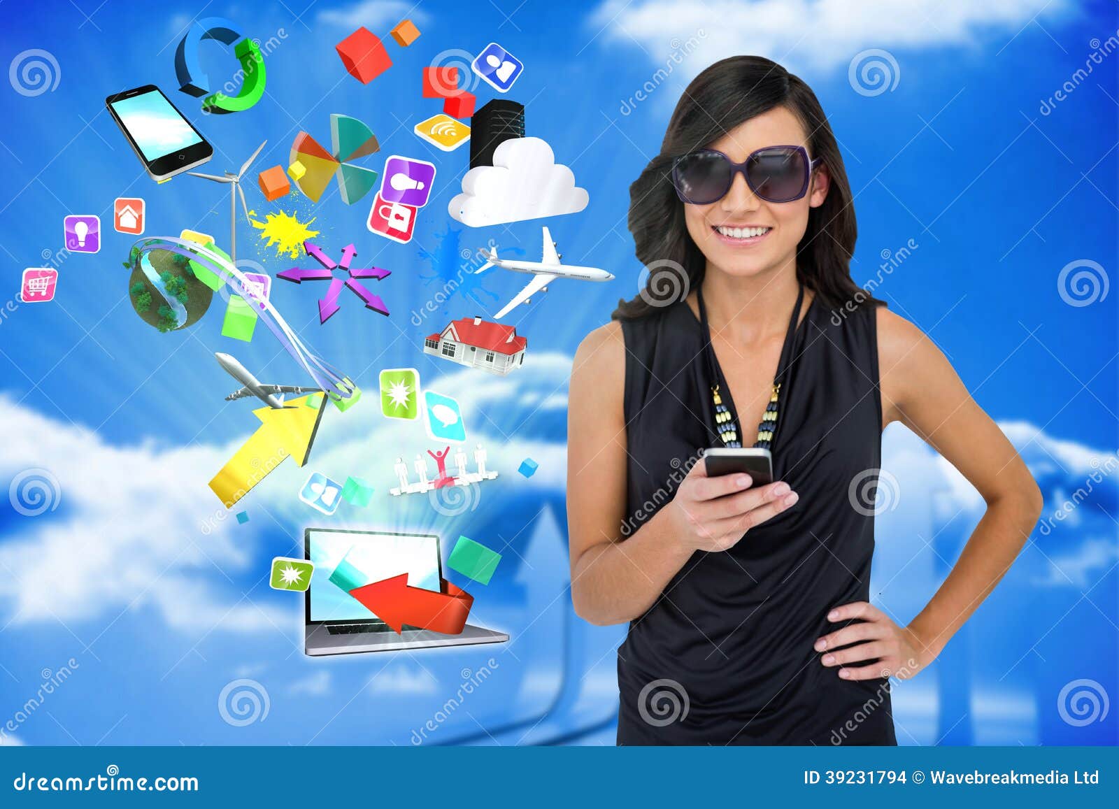 Glamorous Brunette Using Smartphone with App Icons and Laptop Stock ...