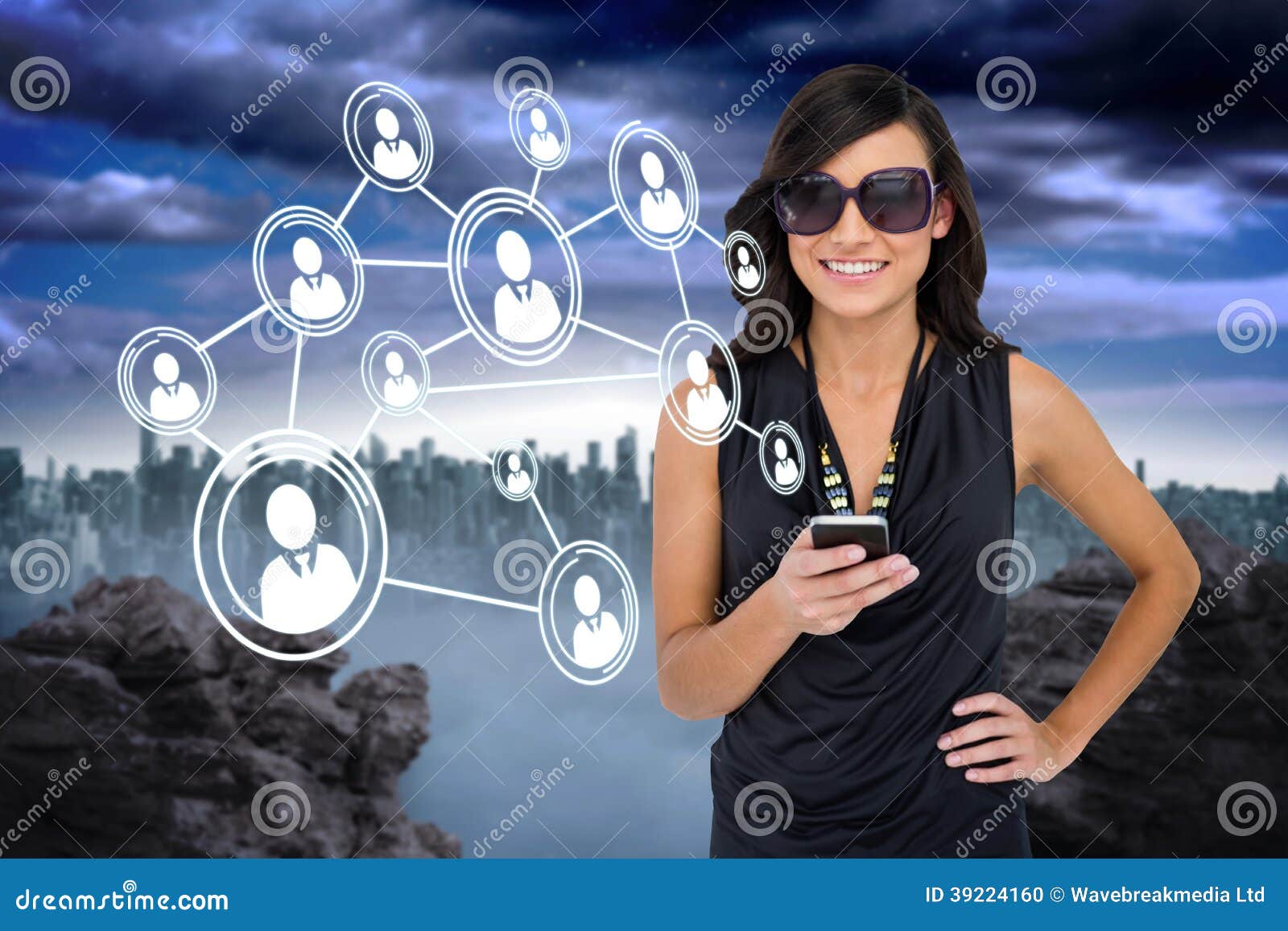 Glamorous Brunette Using Smartphone with Profile Pictures Stock Photo ...