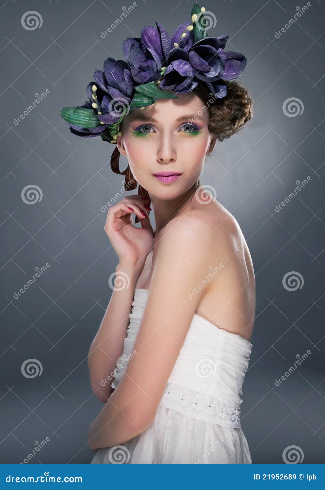 Glamorous Nymph in Wreath of Flowers Stock Image - Image of female ...