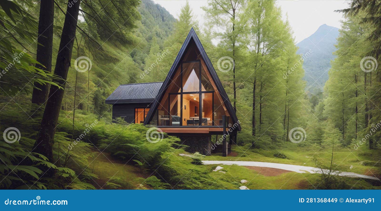 Glamping a Frame House with Yellow Lights in Forest Stock Illustration ...