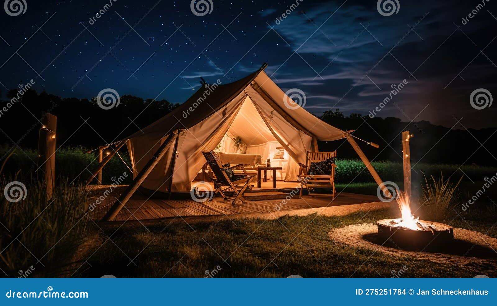 Glamping Camping In Forest At Night Cute Couple White Bears Having