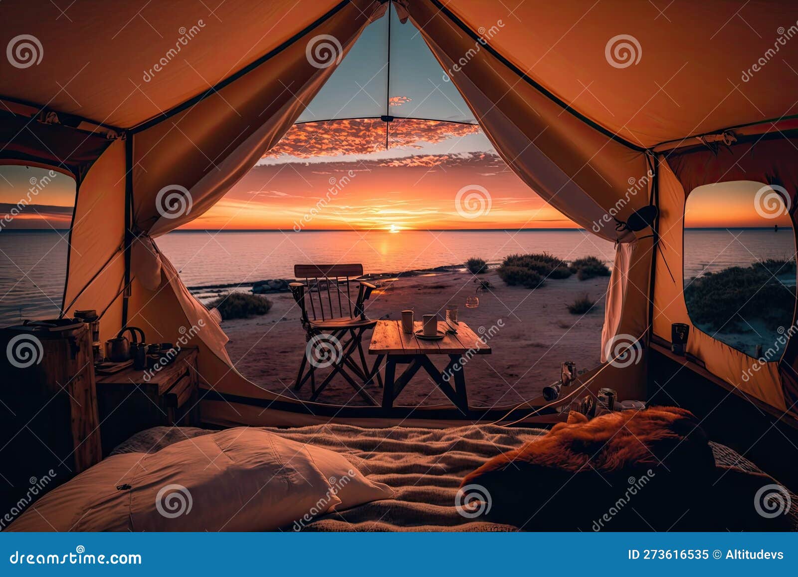 Glamping Setup with a View of the Sunset Over the Ocean Stock Image ...