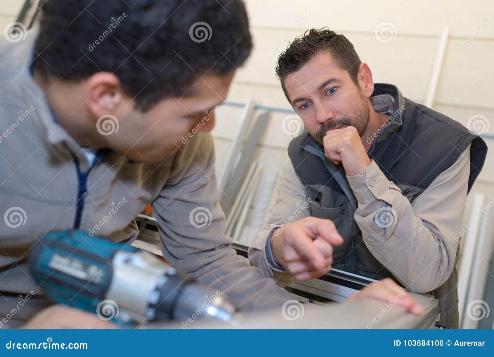 Glass Apprentice Worker Drilling Pvc Corners Stock Photo - Image of ...