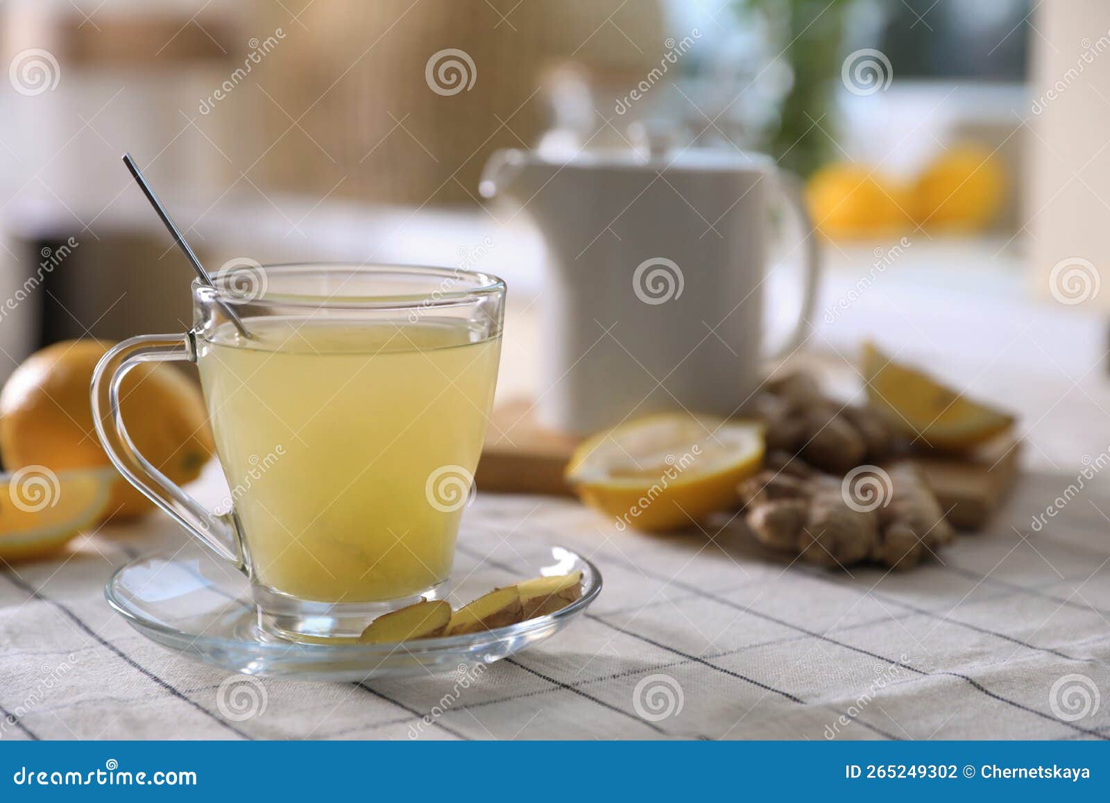 Glass of Aromatic Ginger Tea and Ingredients on White Checkered ...