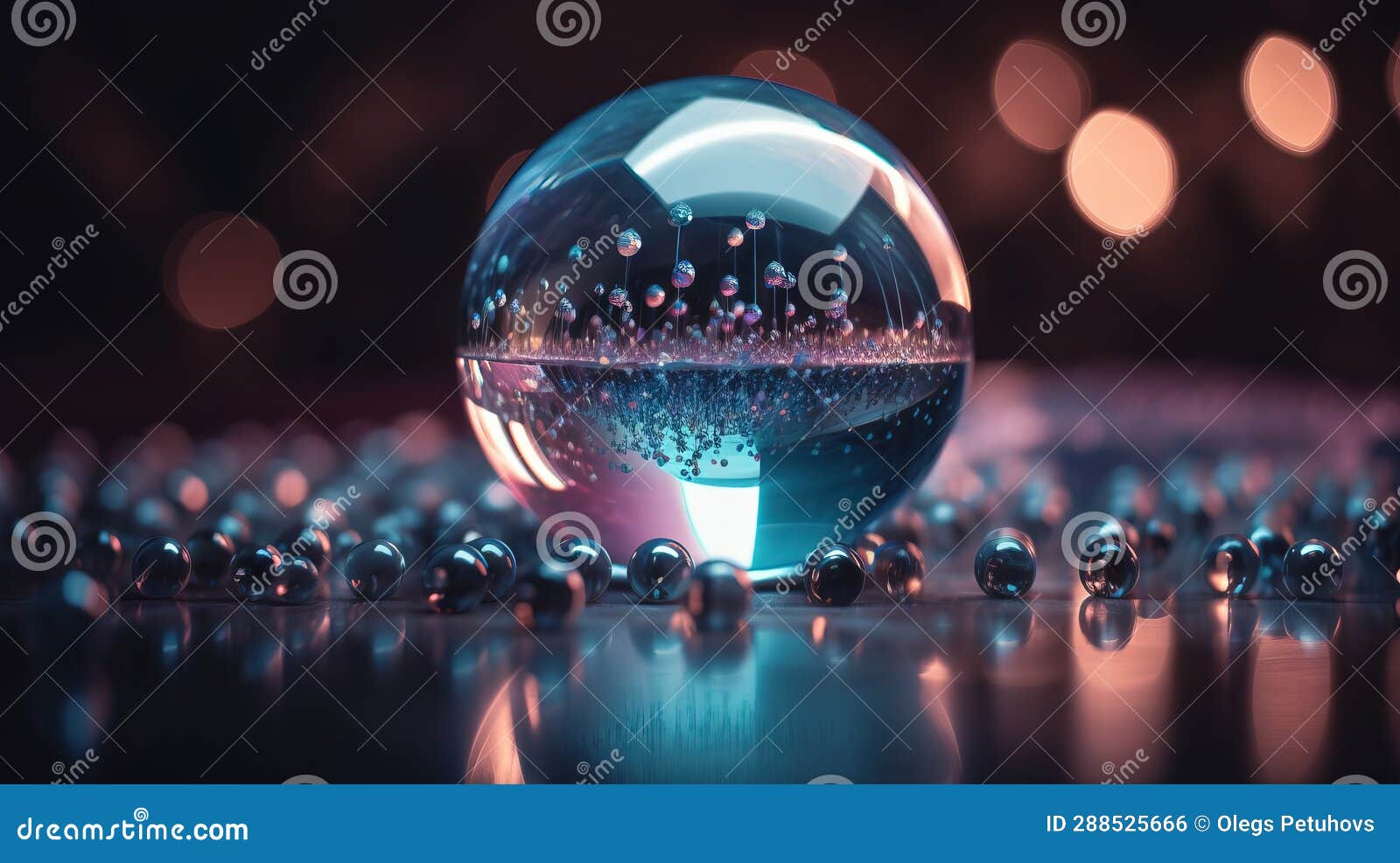 A Glass Ball with Bubbles in it on a Reflective Surface with a Lot of ...